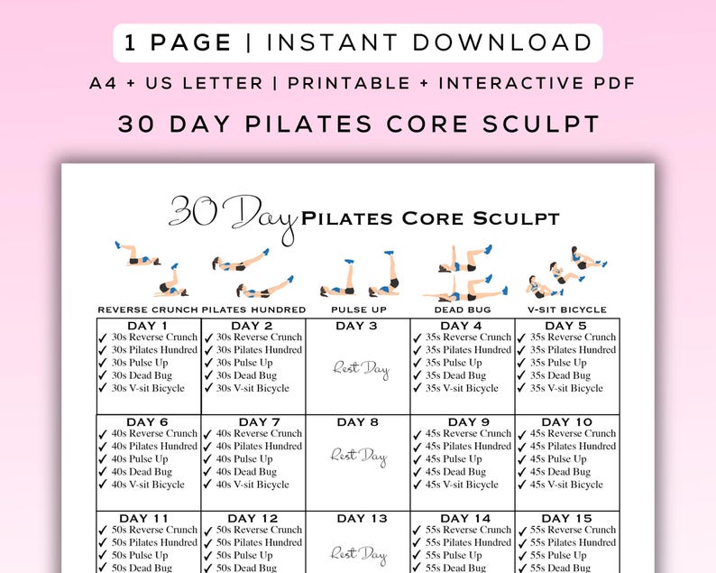 30 Day Pilates Core Sculpt Printable + Interactive PDF | Easy to Follow ...