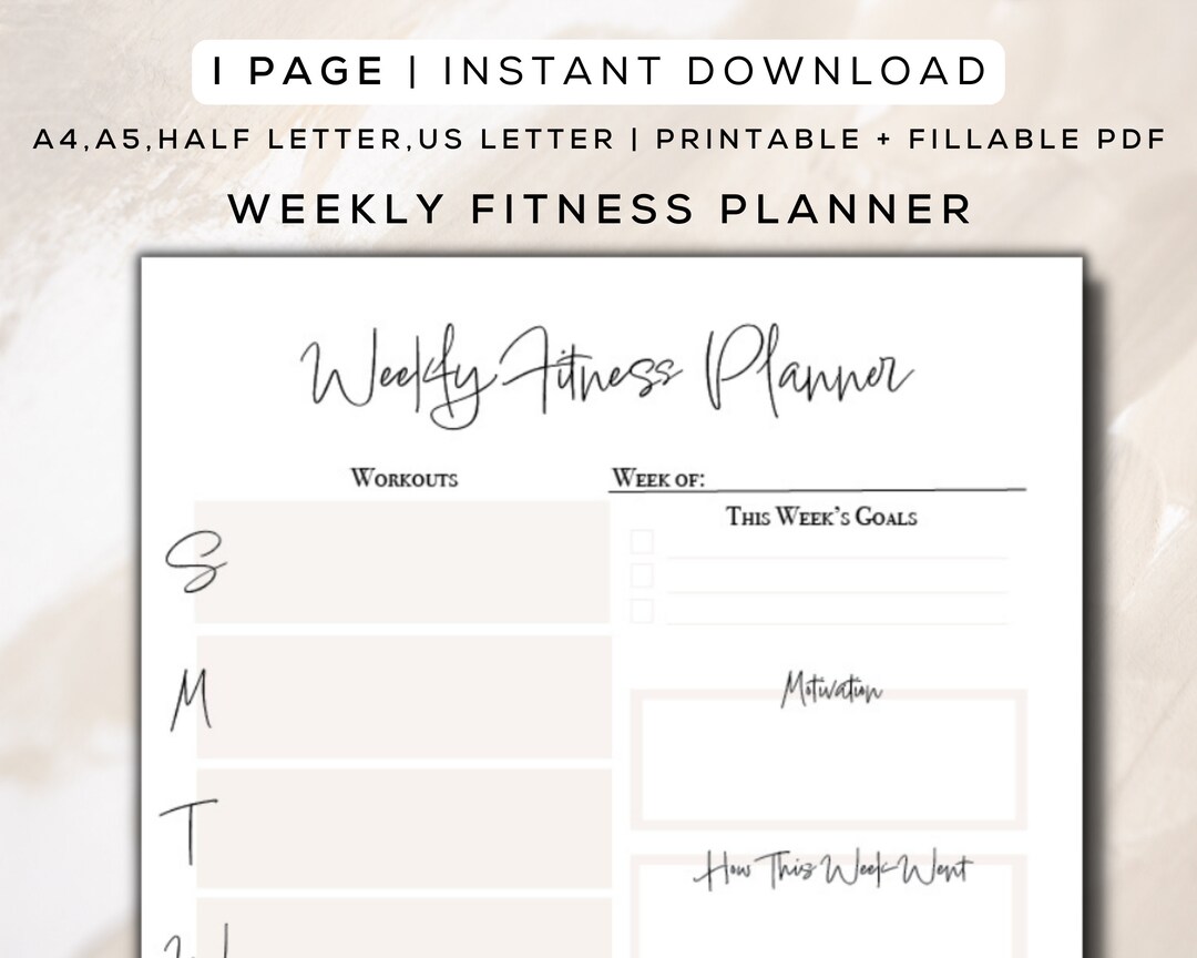 Weekly Fitness Planner Printable Fillable PDF Digital Planner, Track ...