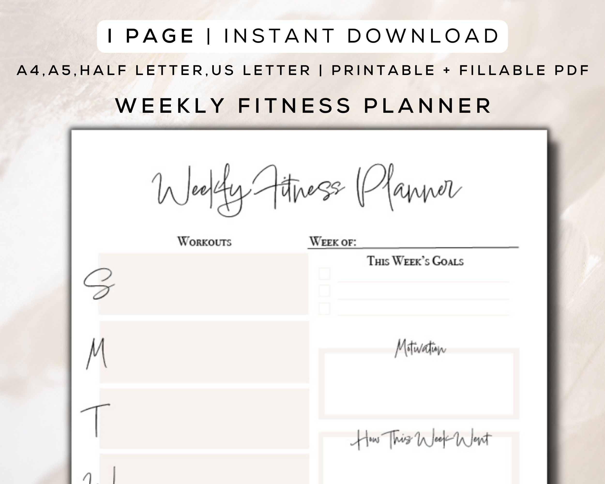 Weekly Fitness Planner Printable Fillable PDF Digital Planner, Track ...