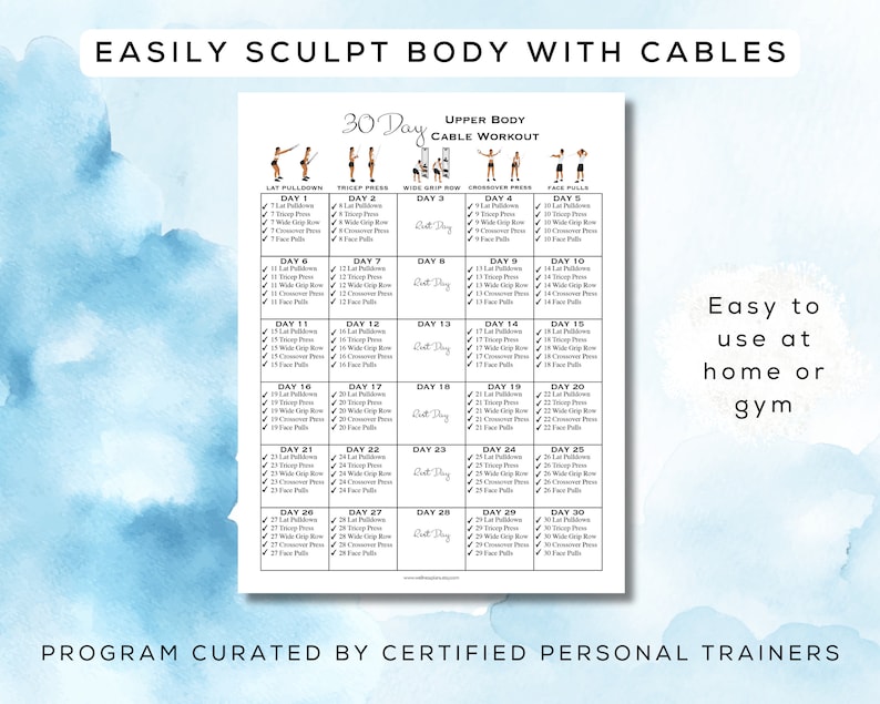 30 Day Upper Body Cable Workout Printable, Infographics Included, Easy ...