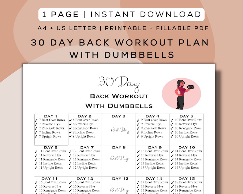 30 Day Back Workout Plan With Dumbbells Printable Fillable PDF Easy to ...