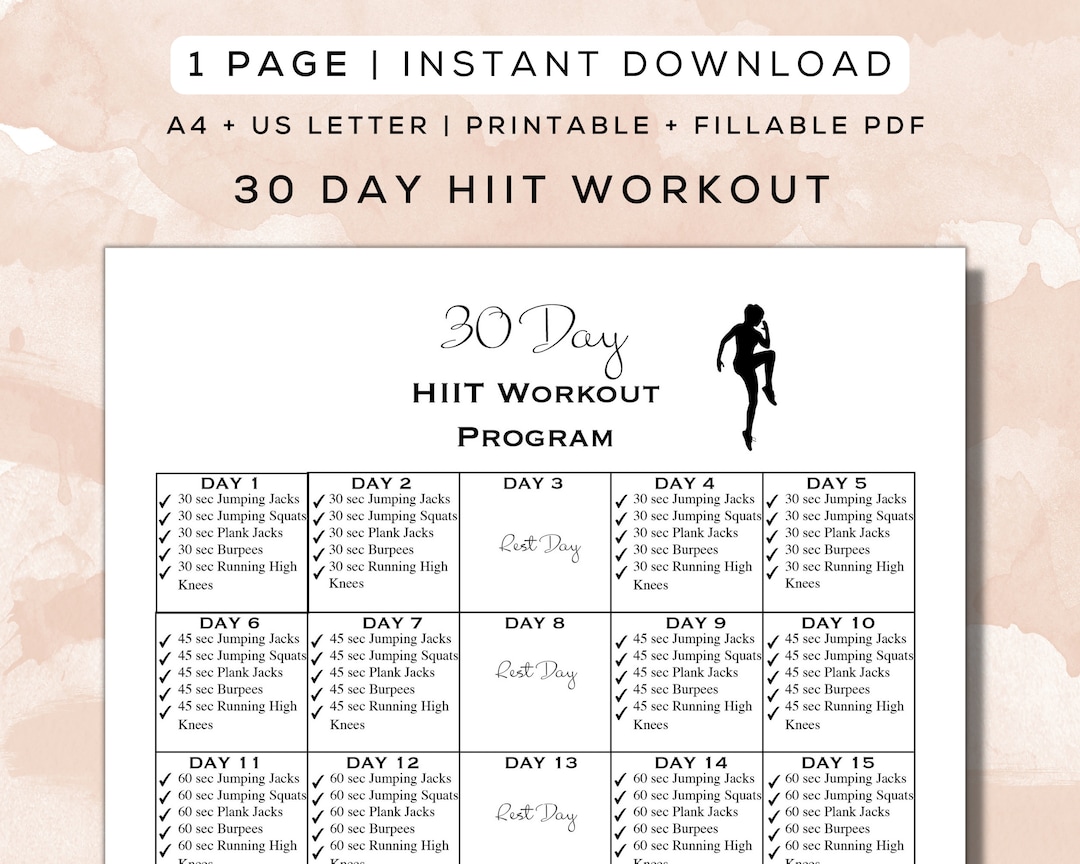 30 Day Full Body Hiit Workout Plan Printable Fillable Pdf Etsy