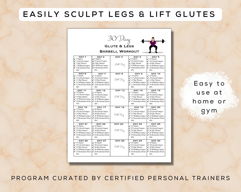 30 Day Glute & Leg Barbell Workout Plan Printable Fillable - Etsy