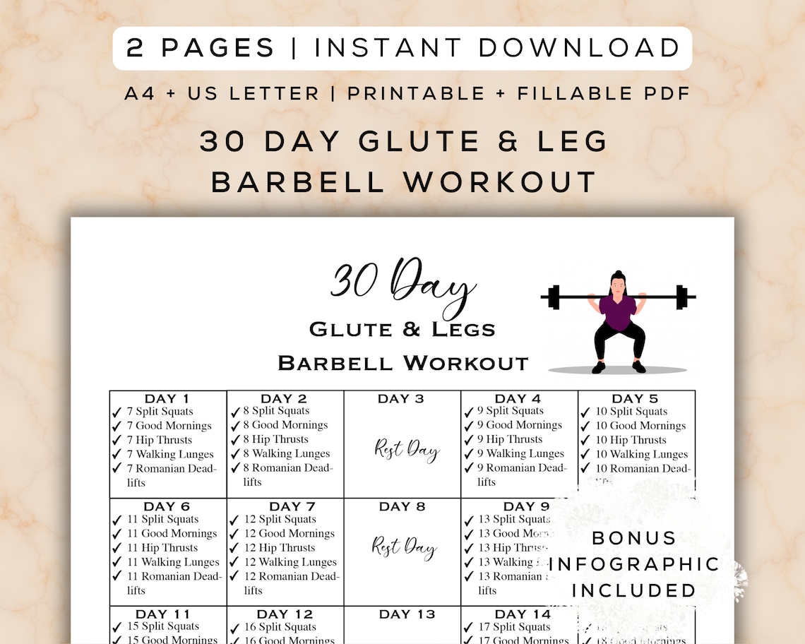 30 Day Glute & Leg Barbell Workout Plan Printable + Fillable PDF | Bous ...