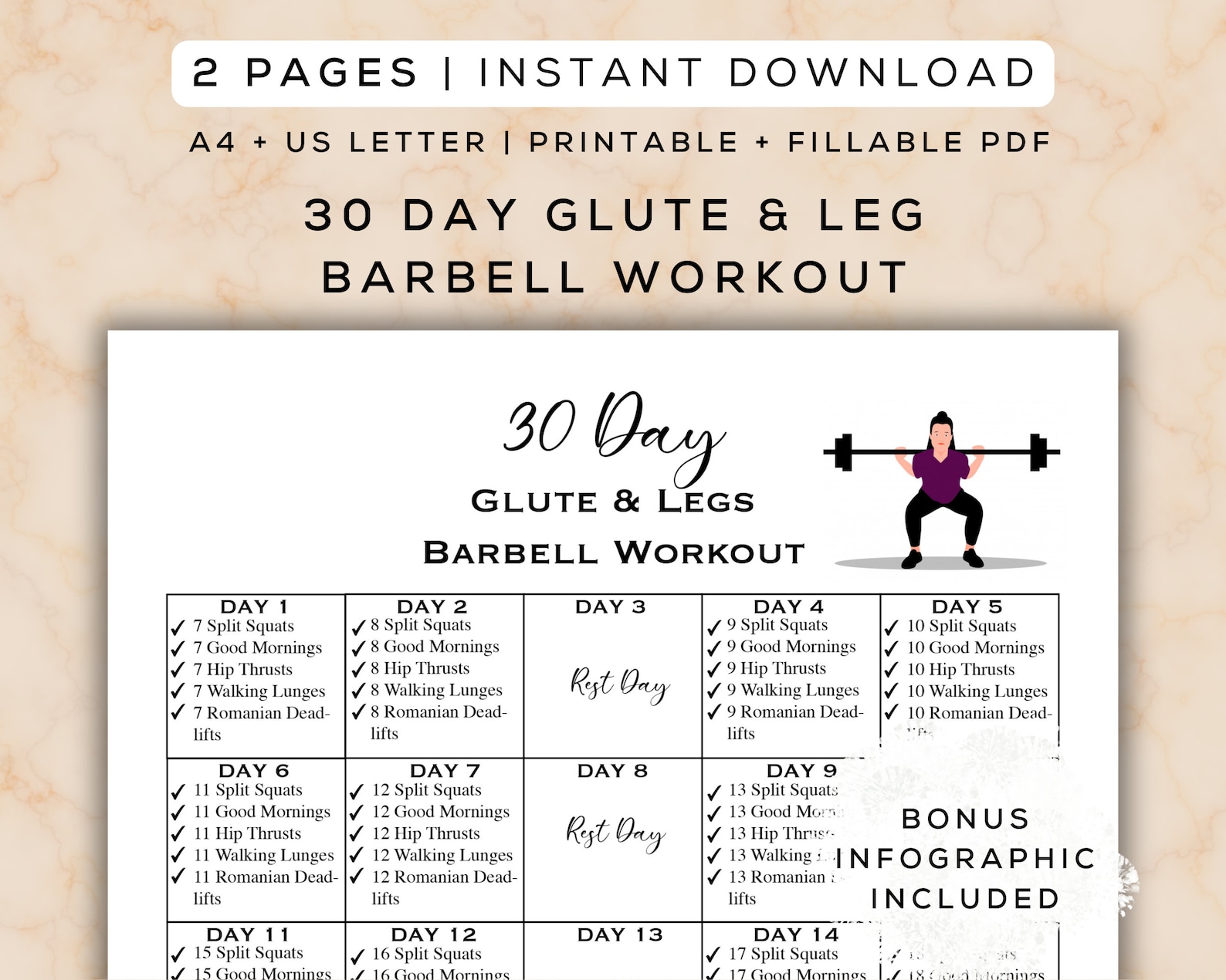 30 Day Glute & Leg Barbell Workout Plan Printable + Fillable PDF | Bous ...
