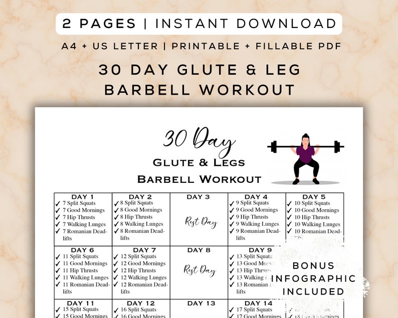 30 Day Glute & Leg Barbell Workout Plan Printable + Fillable PDF | Bous ...