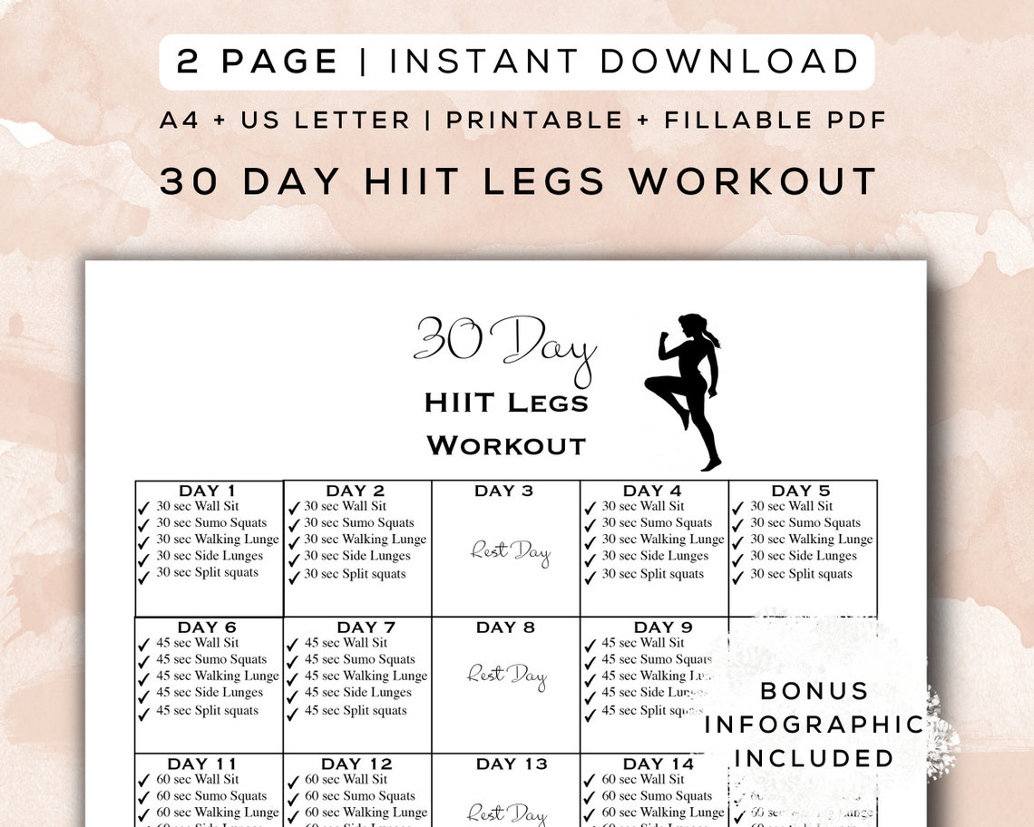 30 Day HIIT Legs Workout Program Printable + Fillable PDF | Bonus ...