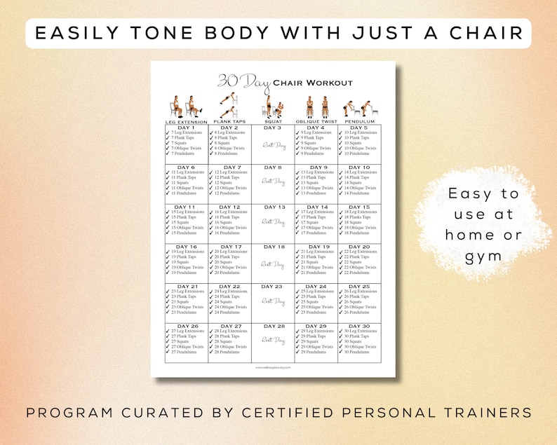 30 Day Chair Workout Printable + Interactive PDF | Easy to Follow ...