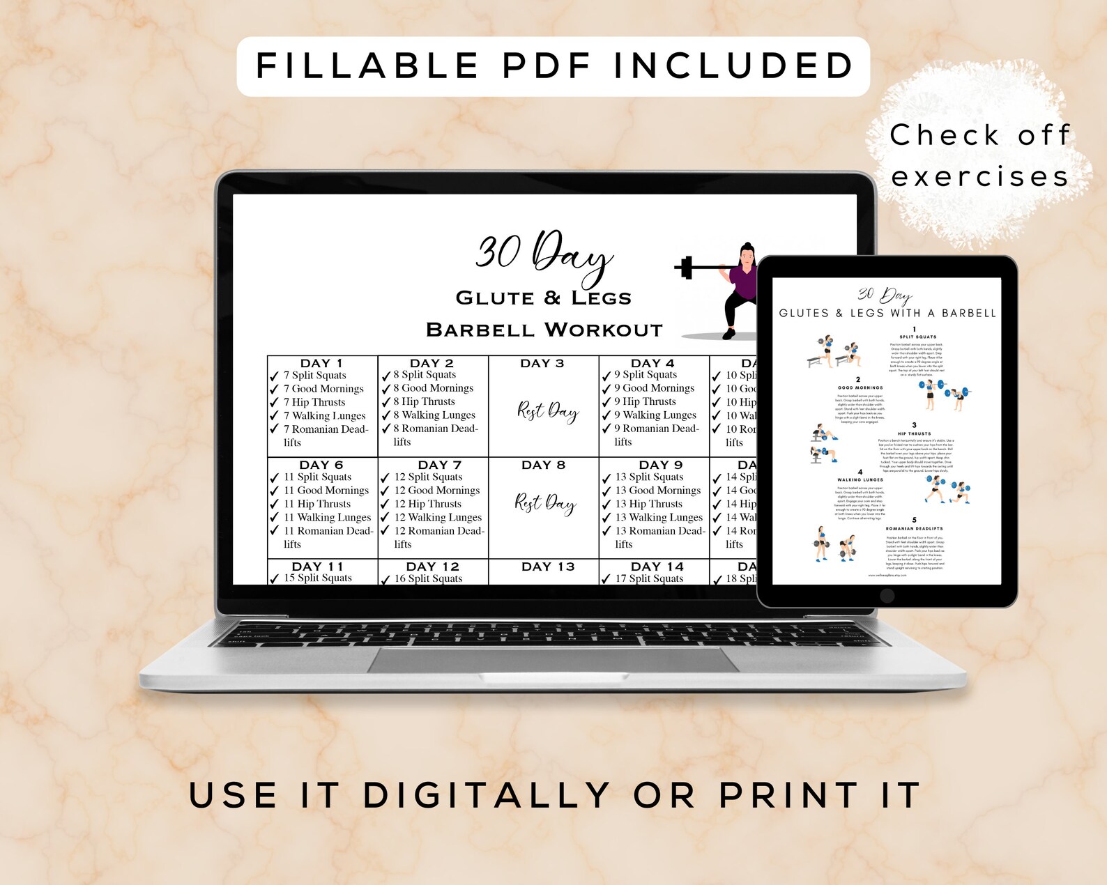 30 Day Glute & Leg Barbell Workout Plan Printable + Fillable PDF | Bous ...