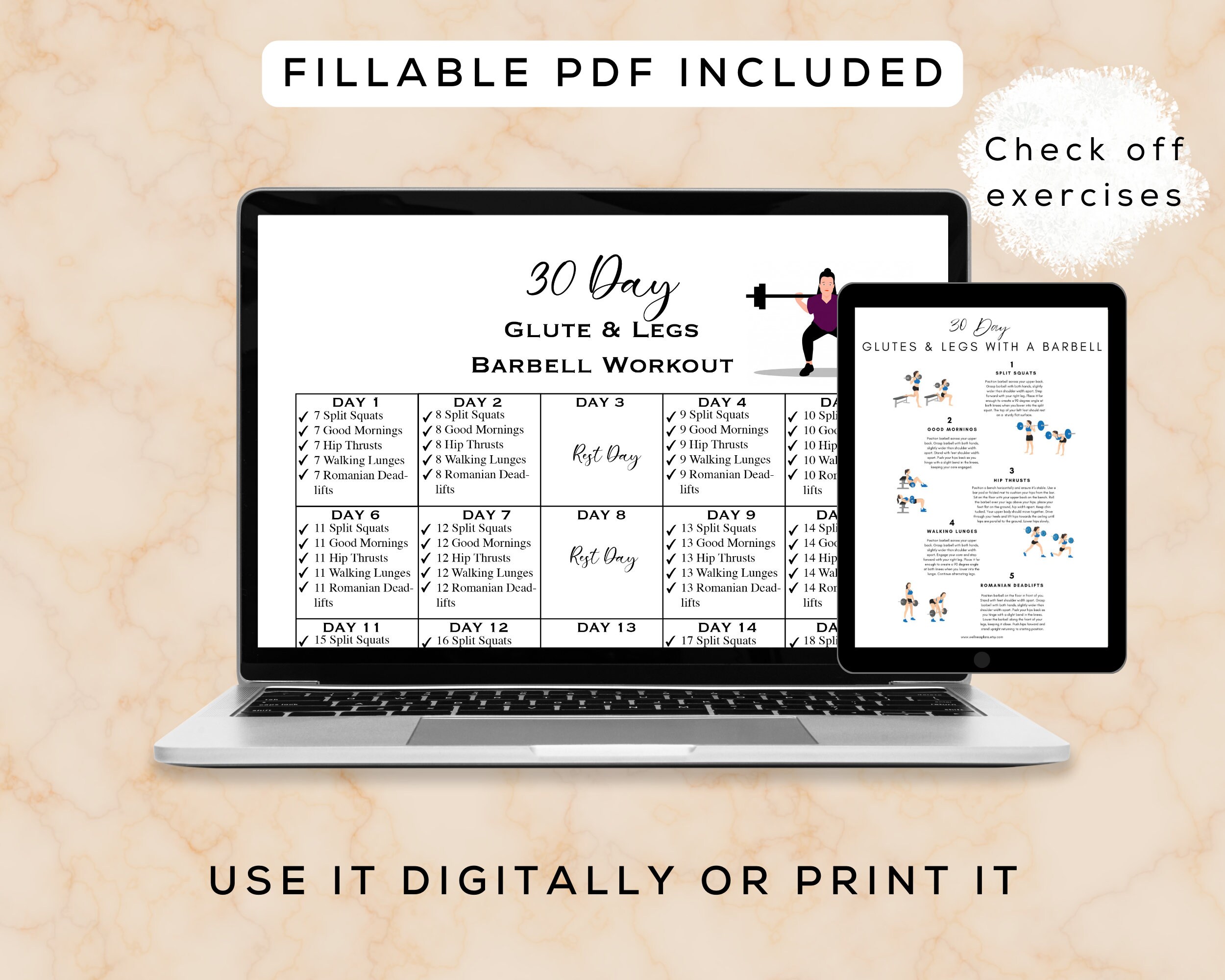 30 Day Glute & Leg Barbell Workout Plan Printable + Fillable PDF | Bous ...