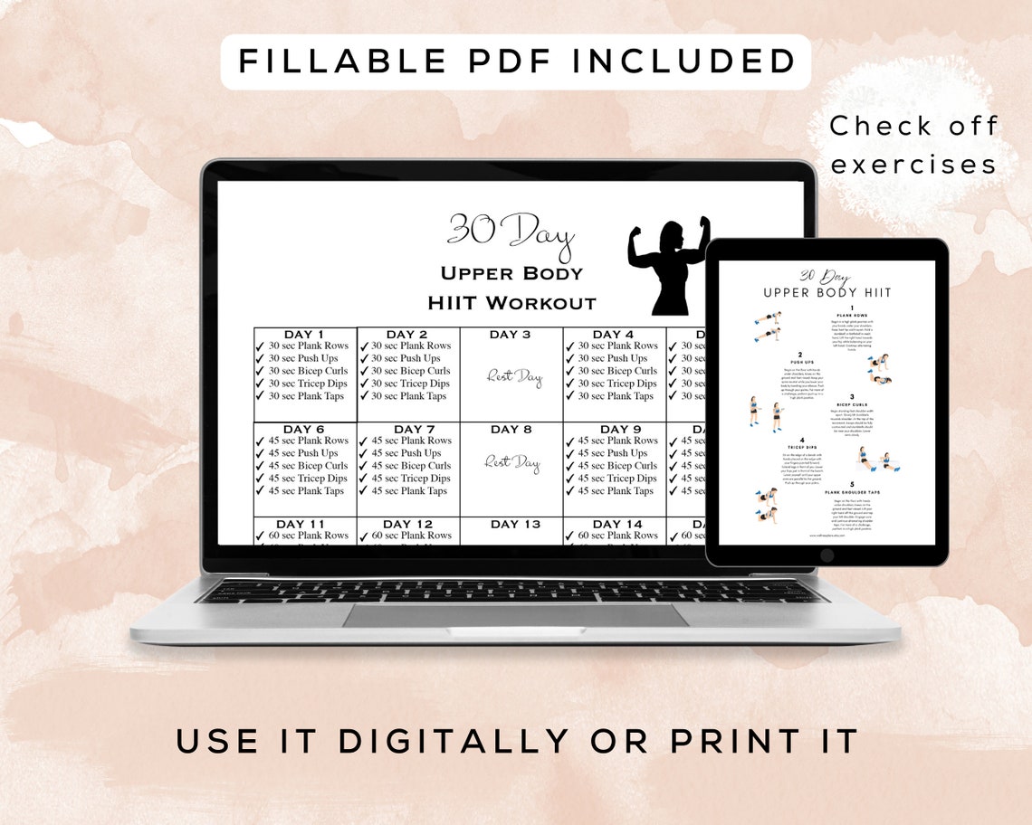30 Day Upper Body HIIT Workout Program Printable + Fillable PDF | Bonus ...
