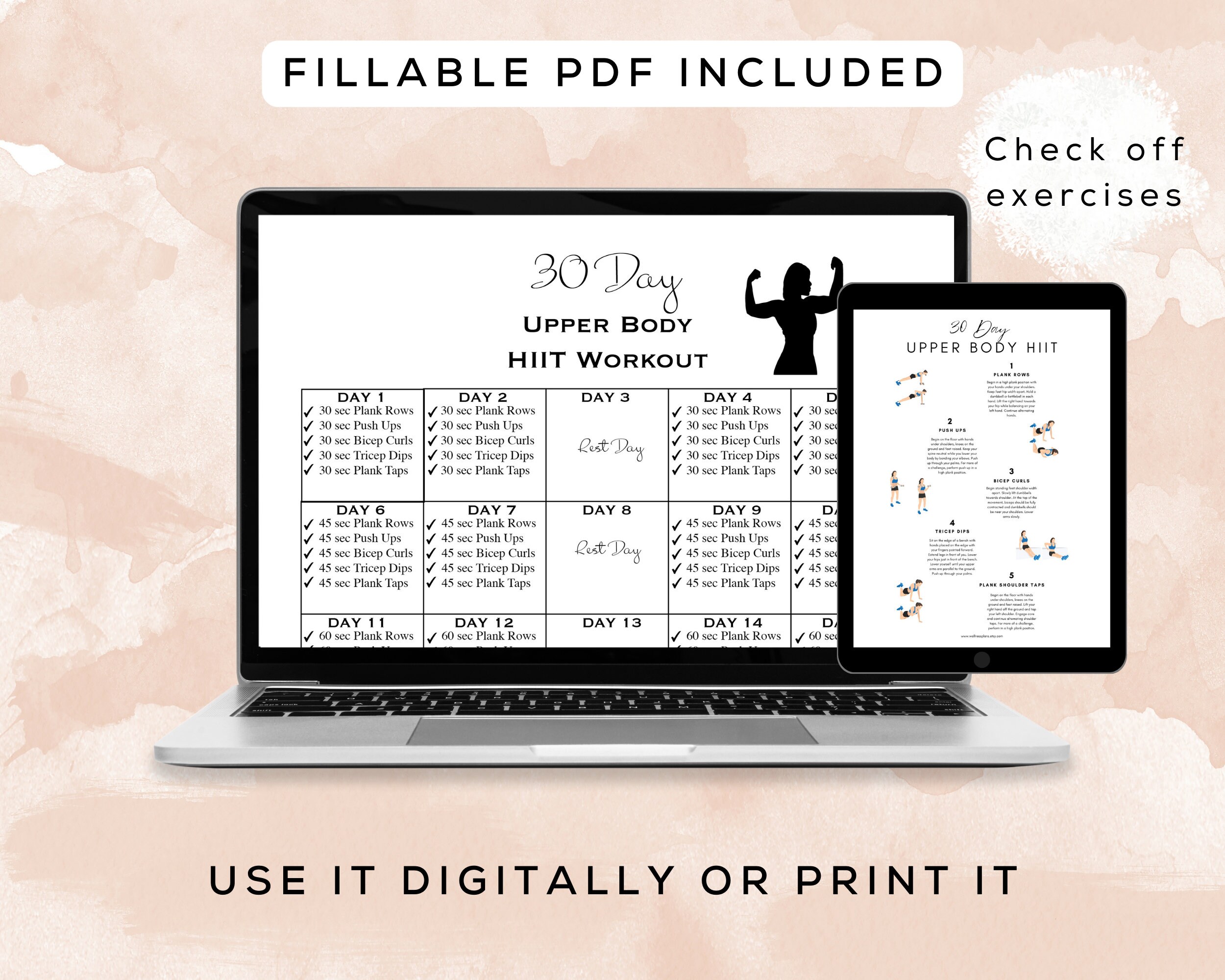 30 Day Upper Body HIIT Workout Program Printable + Fillable PDF | Bonus ...