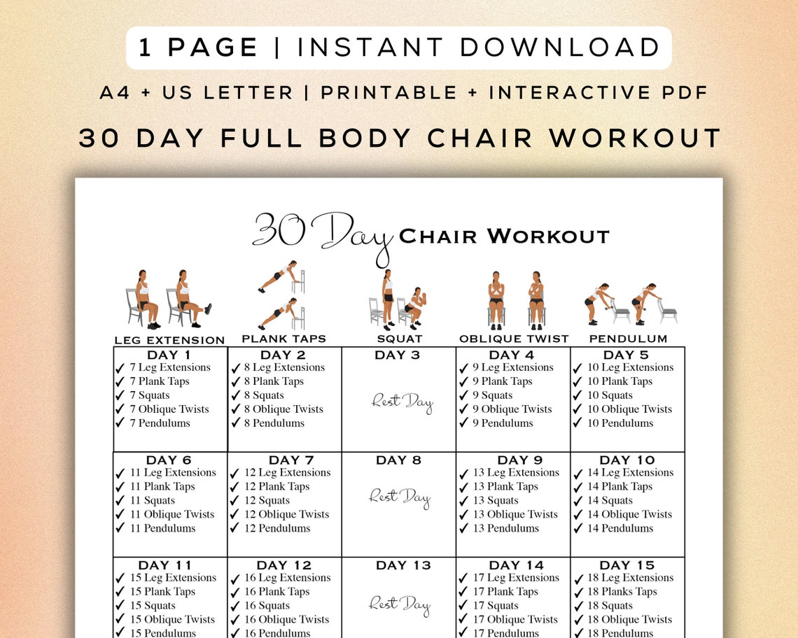 30 Day Chair Workout Printable + Interactive PDF | Easy to Follow ...