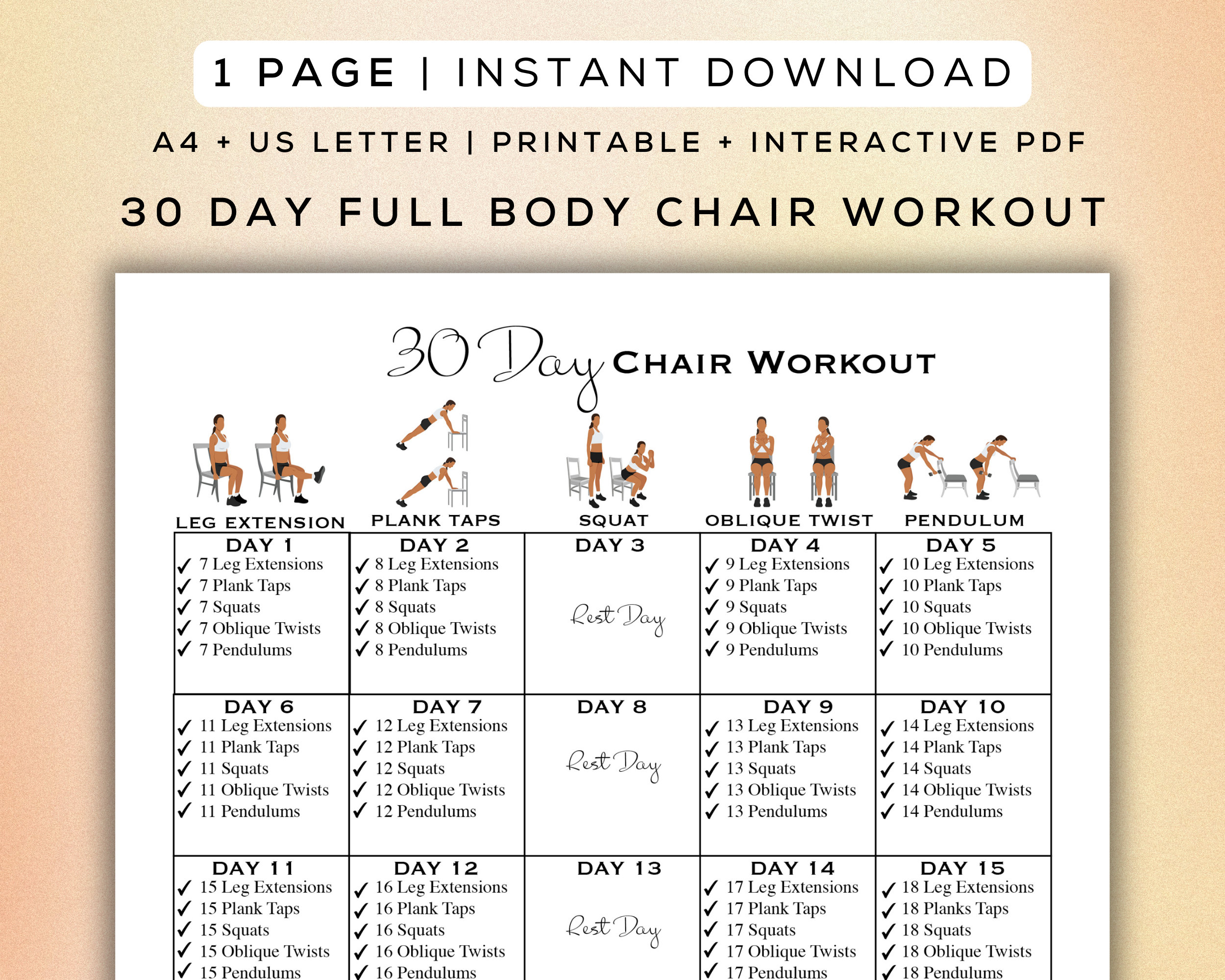 30 Day Chair Workout Printable + Interactive PDF | Easy to Follow ...