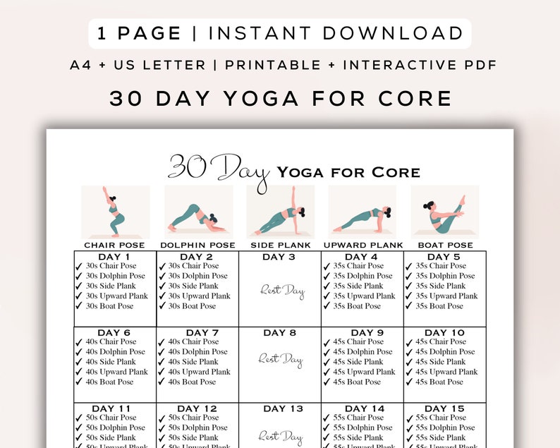 30 Day Yoga for Core Strength Printable + Interactive PDF | Easy to ...