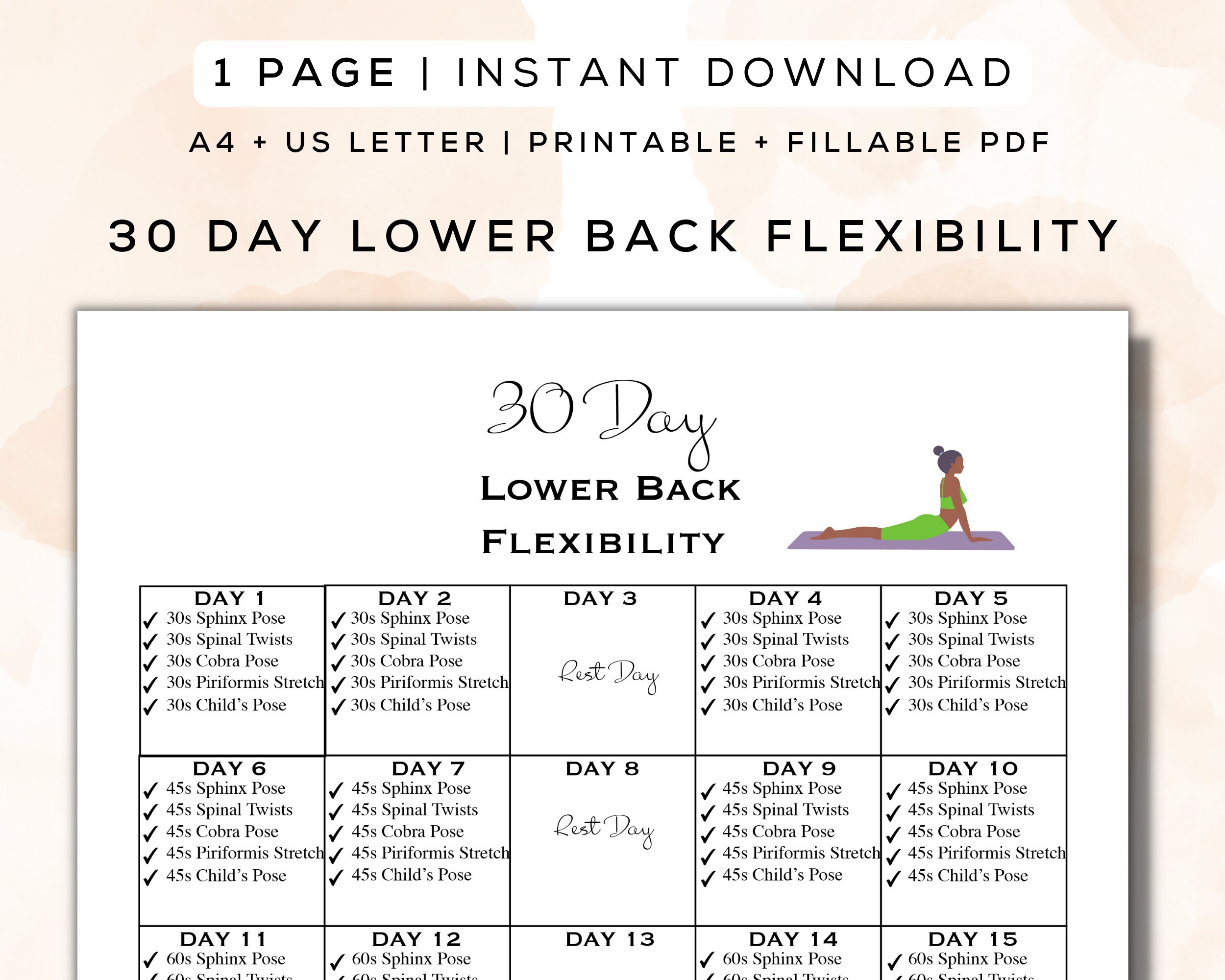 30 Day Lower Back Flexibility Printable Fillable PDF Easy Flexibility Routine, Beginner Dynamic ...