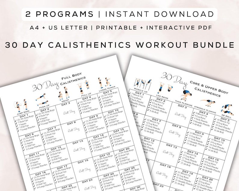 30 Day Calisthenics Workout Bundle | Printable + Interactive PDF, Easy ...