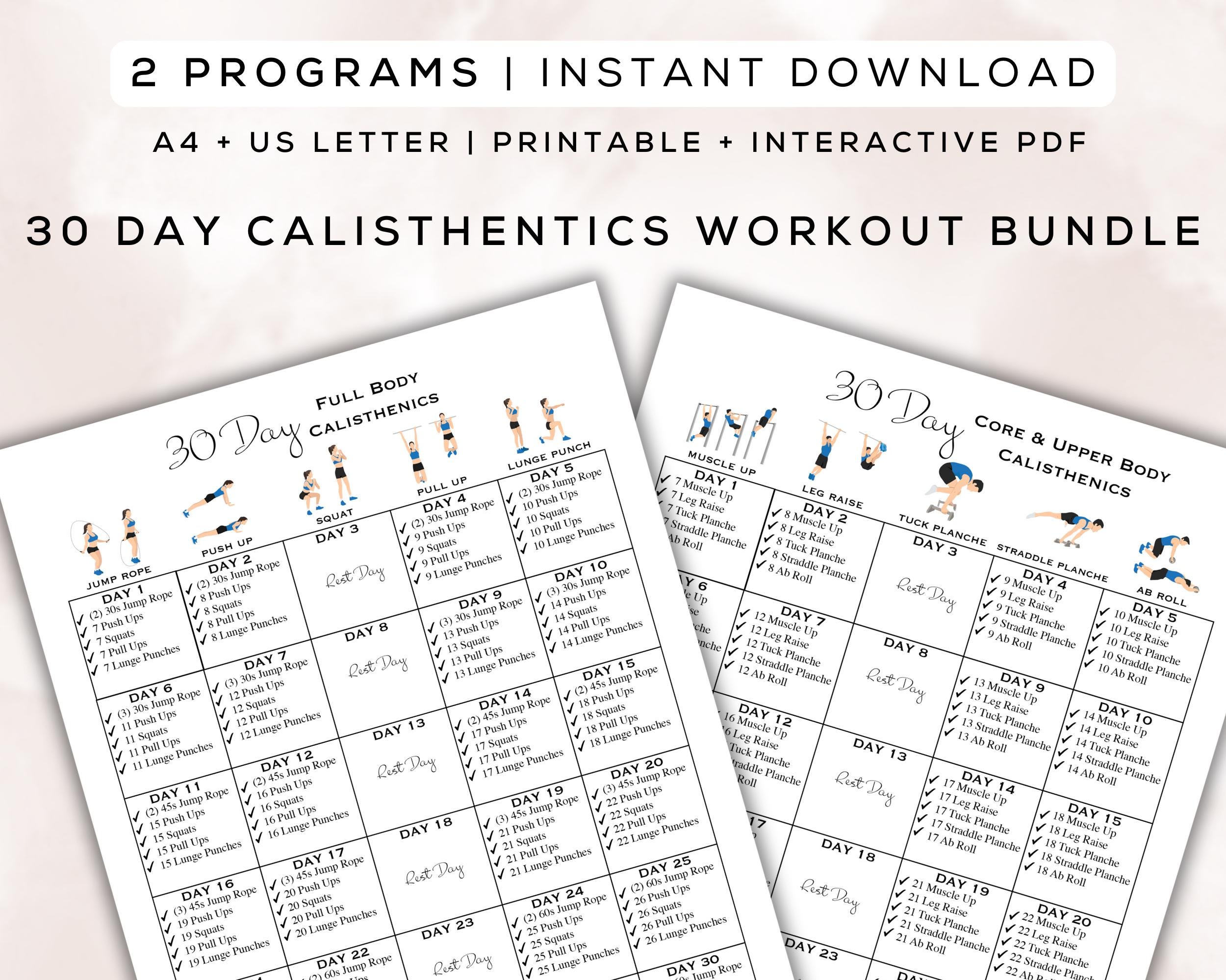 30 Day Calisthenics Workout Bundle | Printable + Interactive PDF, Easy ...