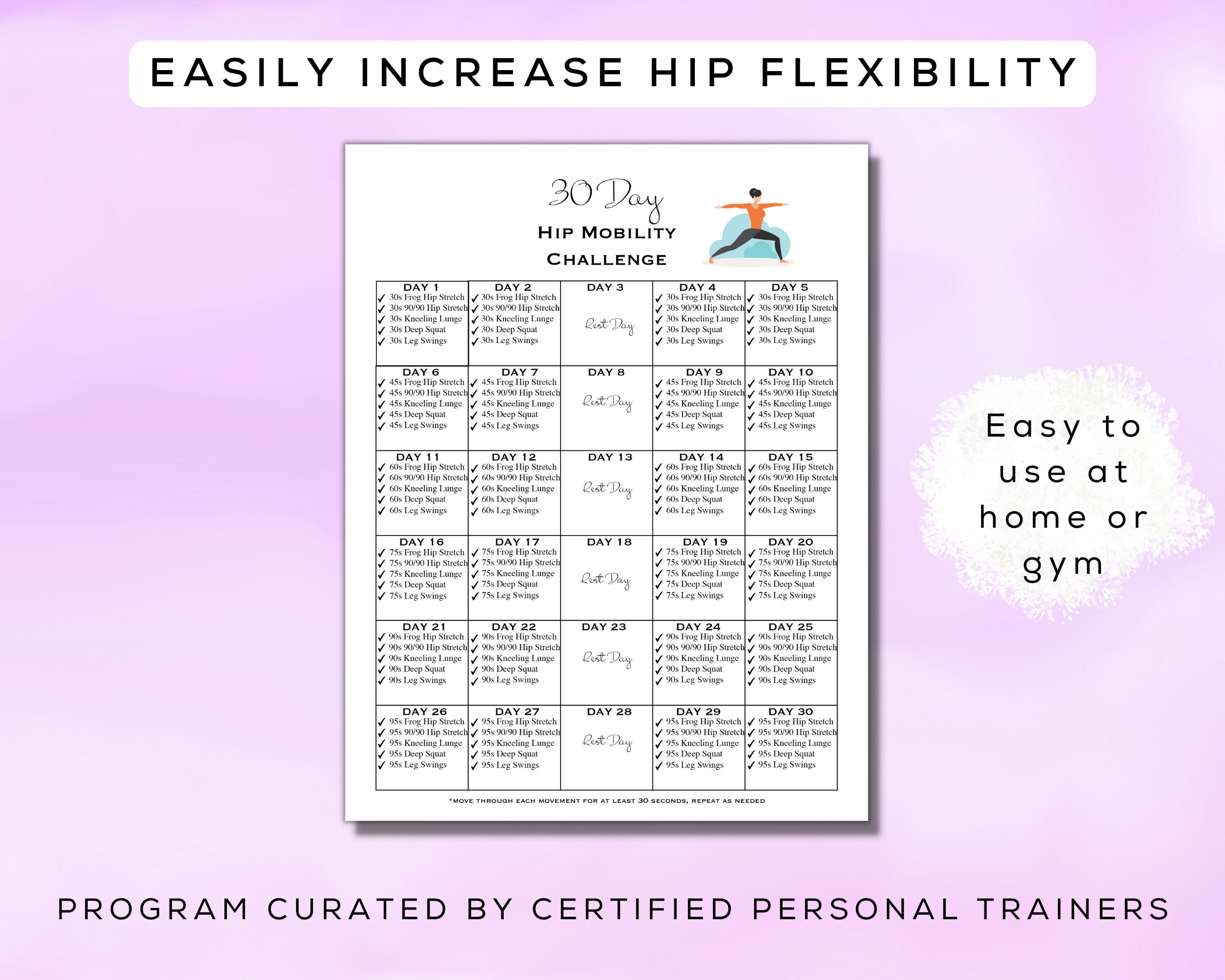 30 Day Hip Mobility Challenge Printable Fillable PDF Easy to Follow ...