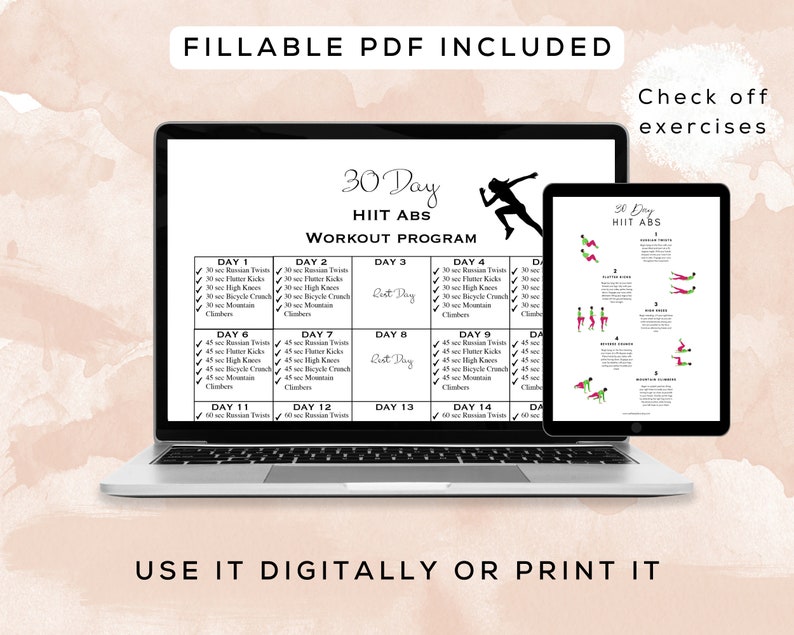 30 Day HIIT Abs Workout Program Printable + Fillable PDF | Bonus ...