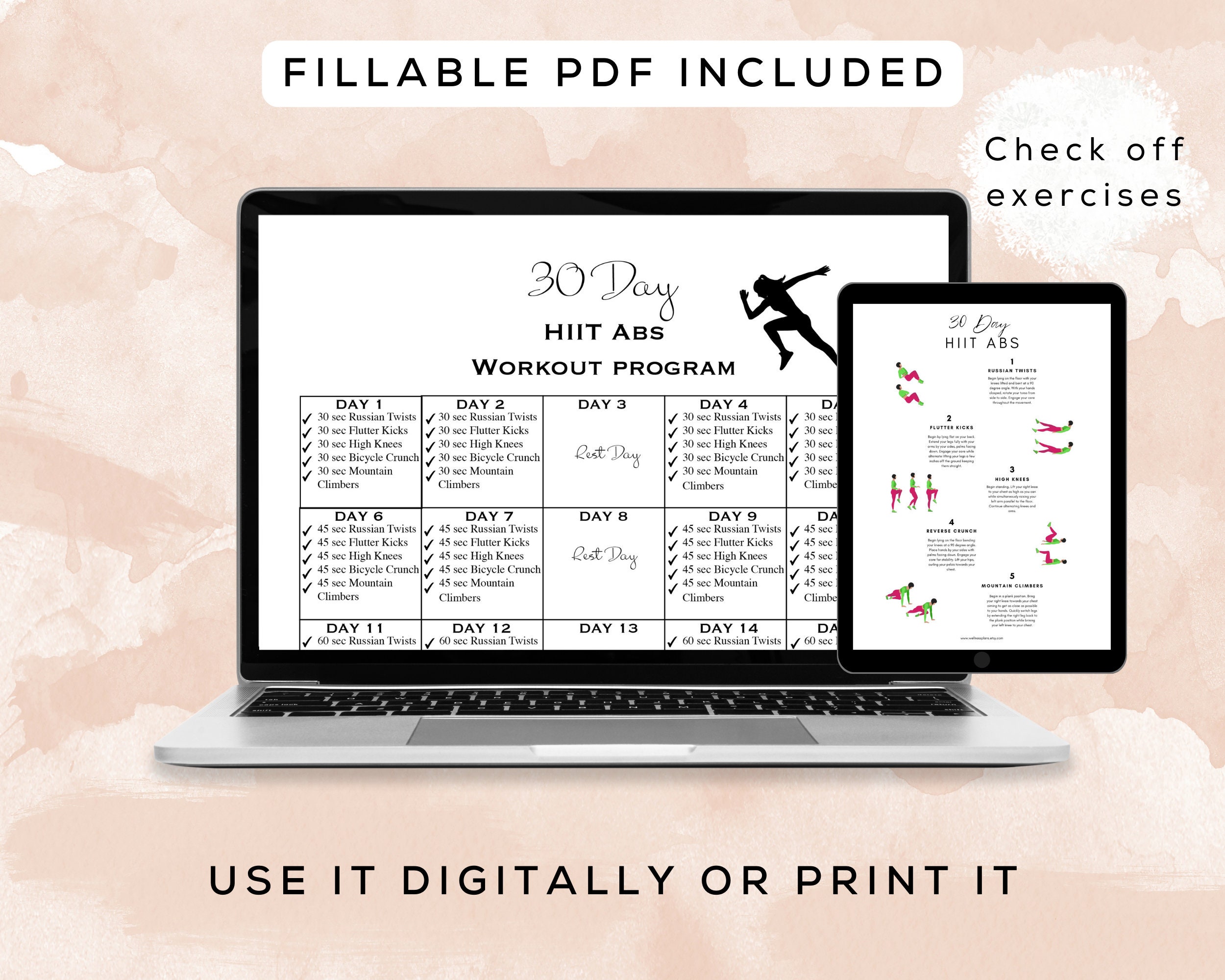 30 Day HIIT Abs Workout Program Printable + Fillable PDF | Bonus ...