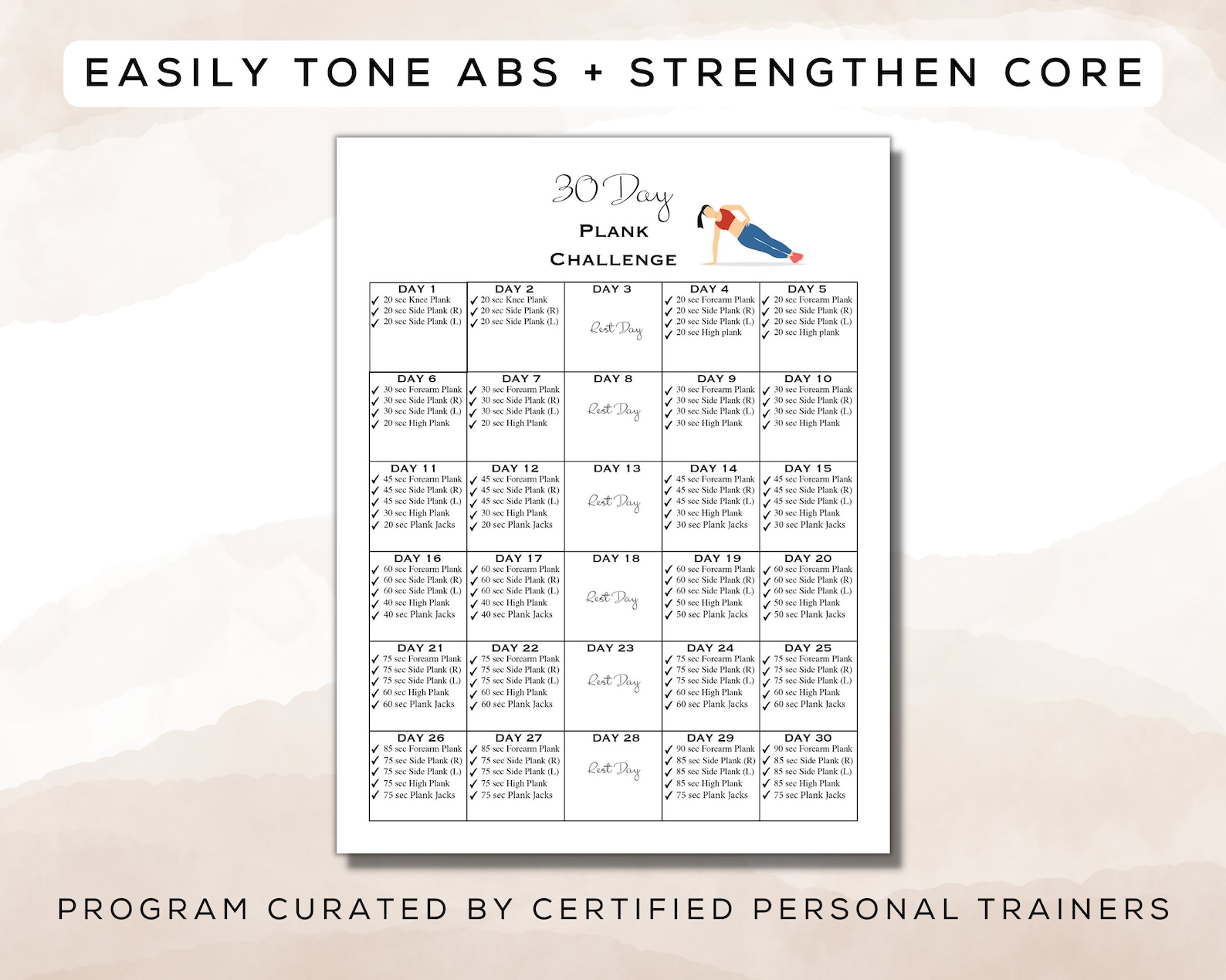 30 Day Plank Challenge Workout Plan Printable + Fillable PDF | Fitness ...