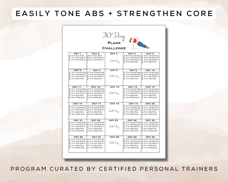 30 Day Plank Challenge Workout Plan Printable + Fillable PDF | Fitness ...