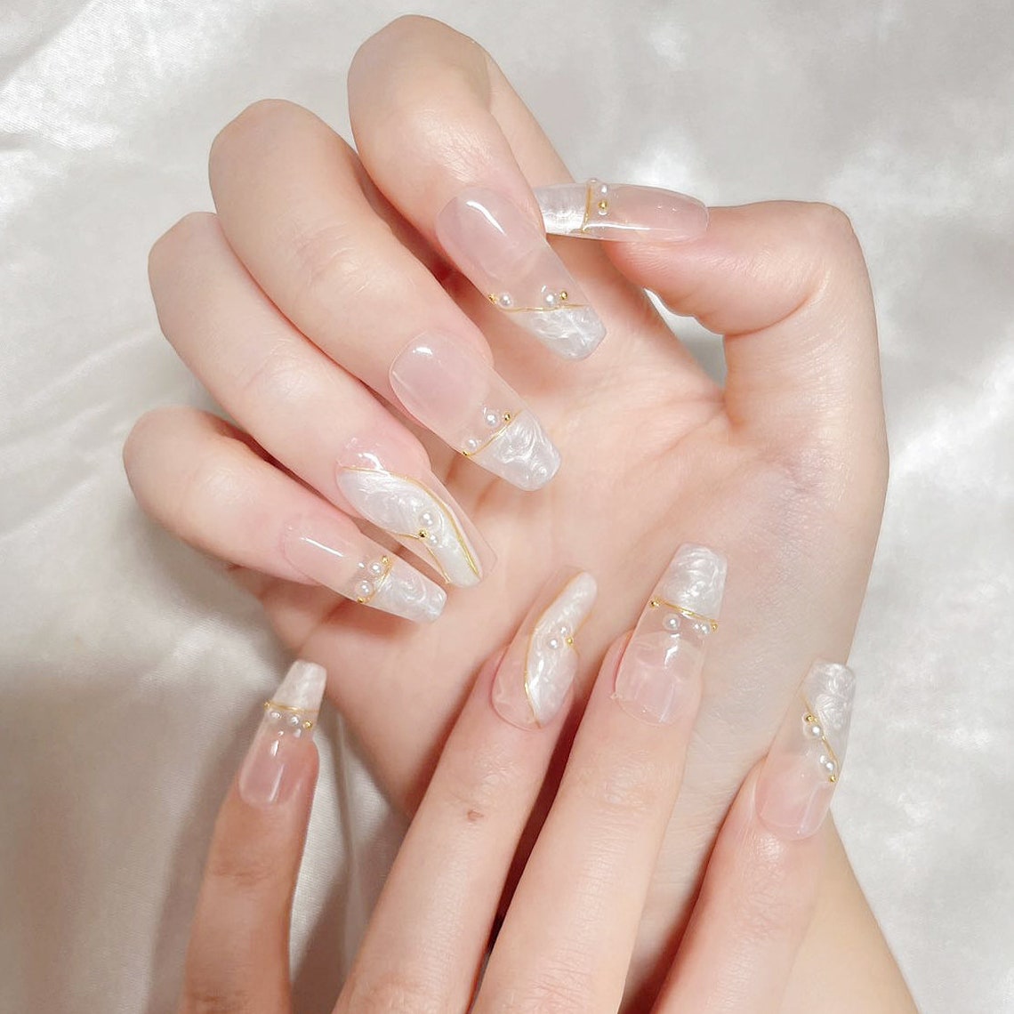 Pearl & Floral Coffin Press-on Nails Soft Pink Ballerina Nails With ...