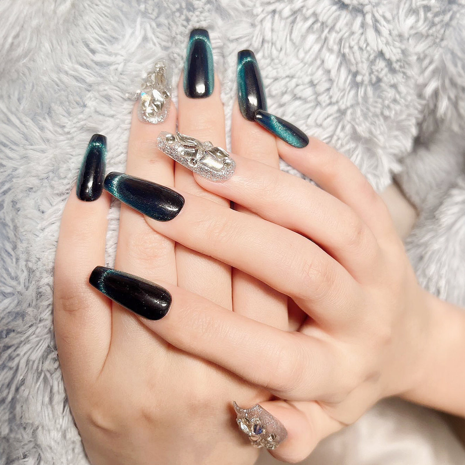 Deep Green Cat Eye Coffin Nails With Silver Embellishments Mystic Cat ...