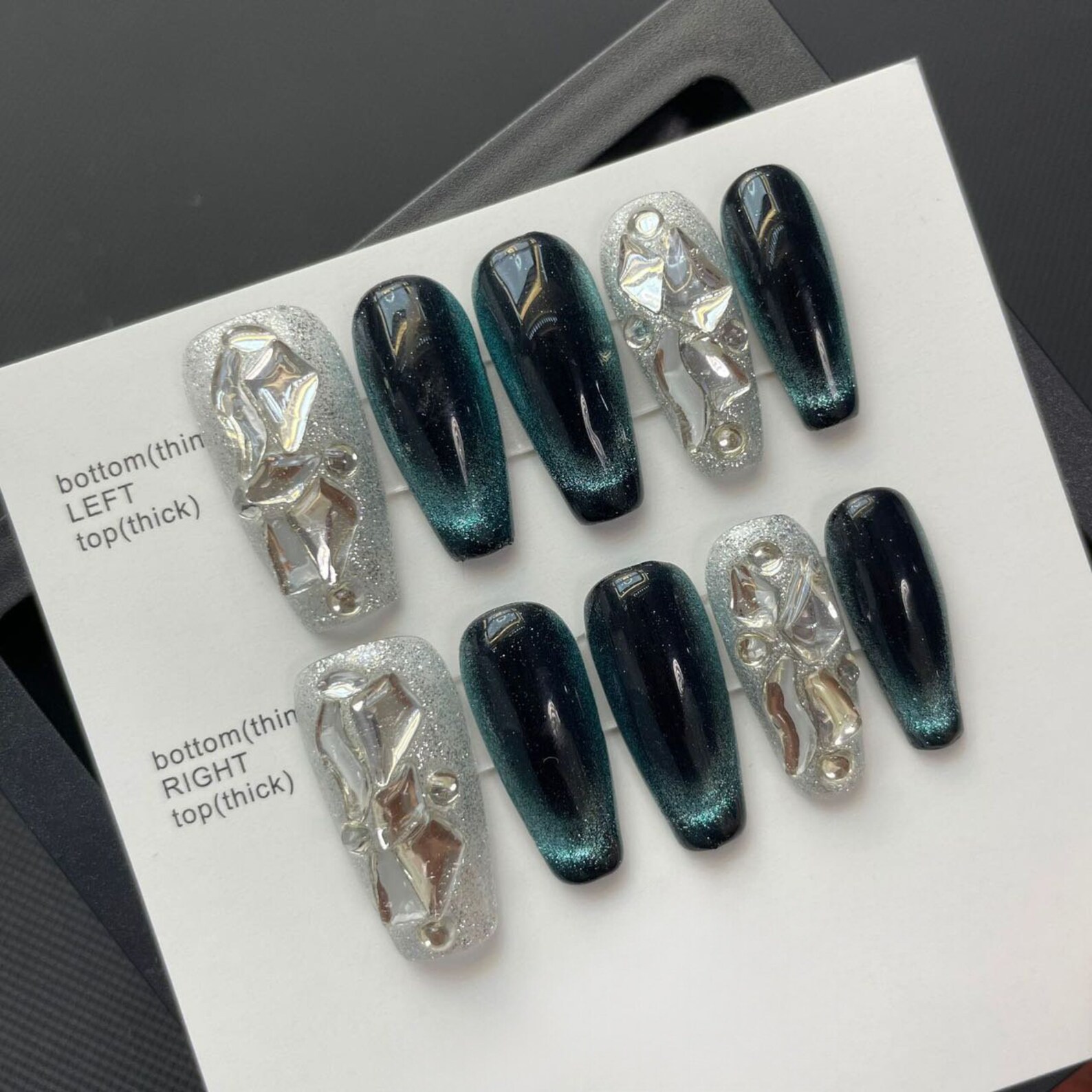 Deep Green Cat Eye Coffin Nails With Silver Embellishments Mystic Cat ...
