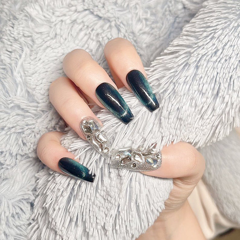Deep Green Cat Eye Coffin Nails With Silver Embellishments Mystic Cat ...