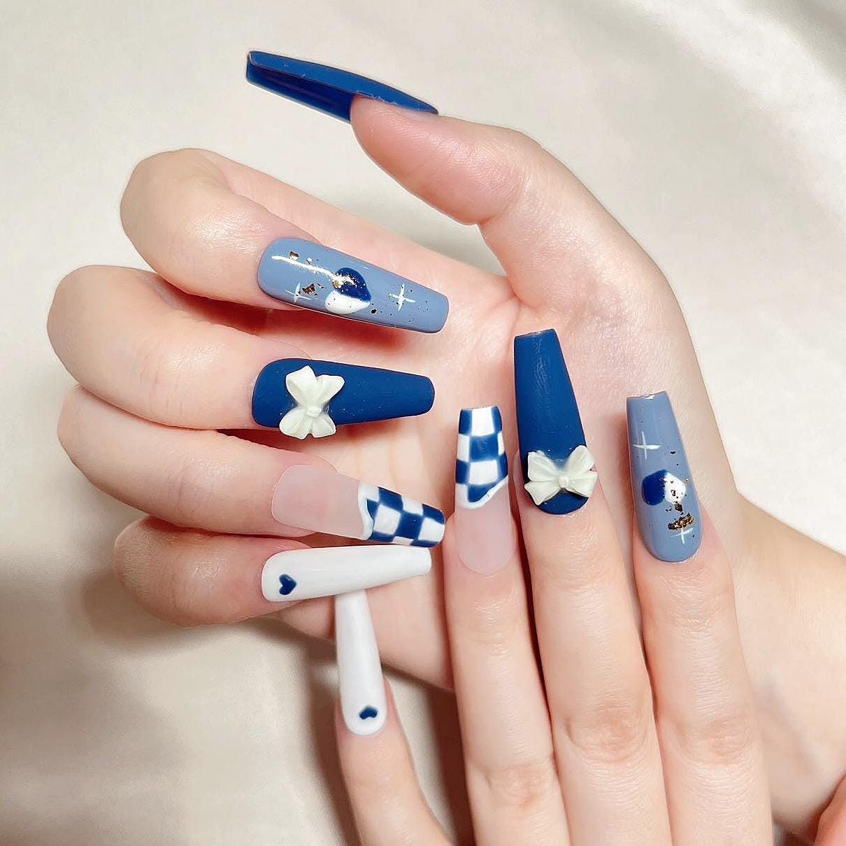 Navy Blue Press-on Nails: Coffin Shaped Nail Art With Bows - Etsy