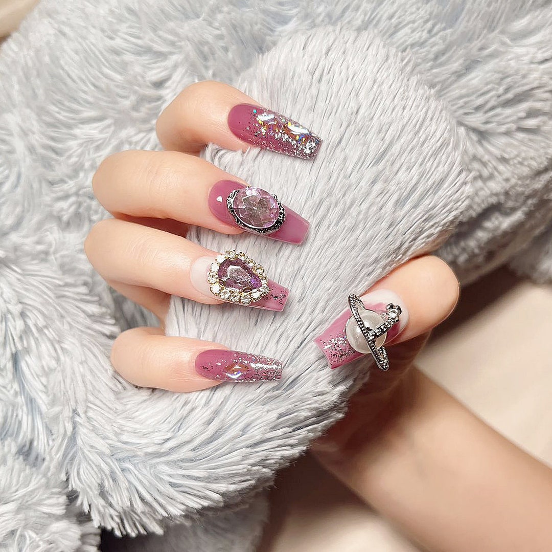 Luxury Crystal Orb Press-on Nails: Y2K Gradient Pink Handmade Nails - Etsy