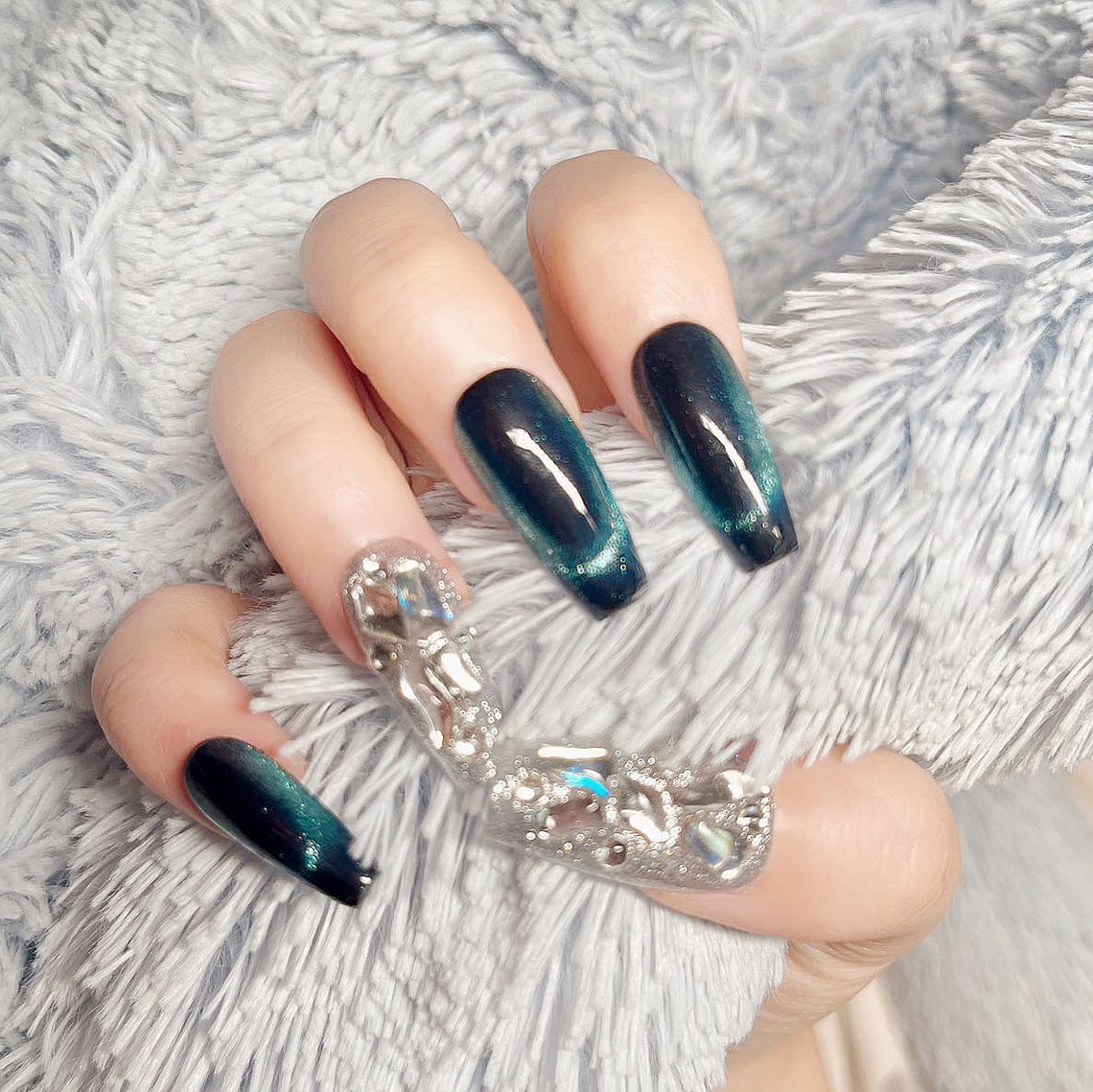 Deep Green Cat Eye Coffin Nails With Silver Embellishments Mystic Cat ...
