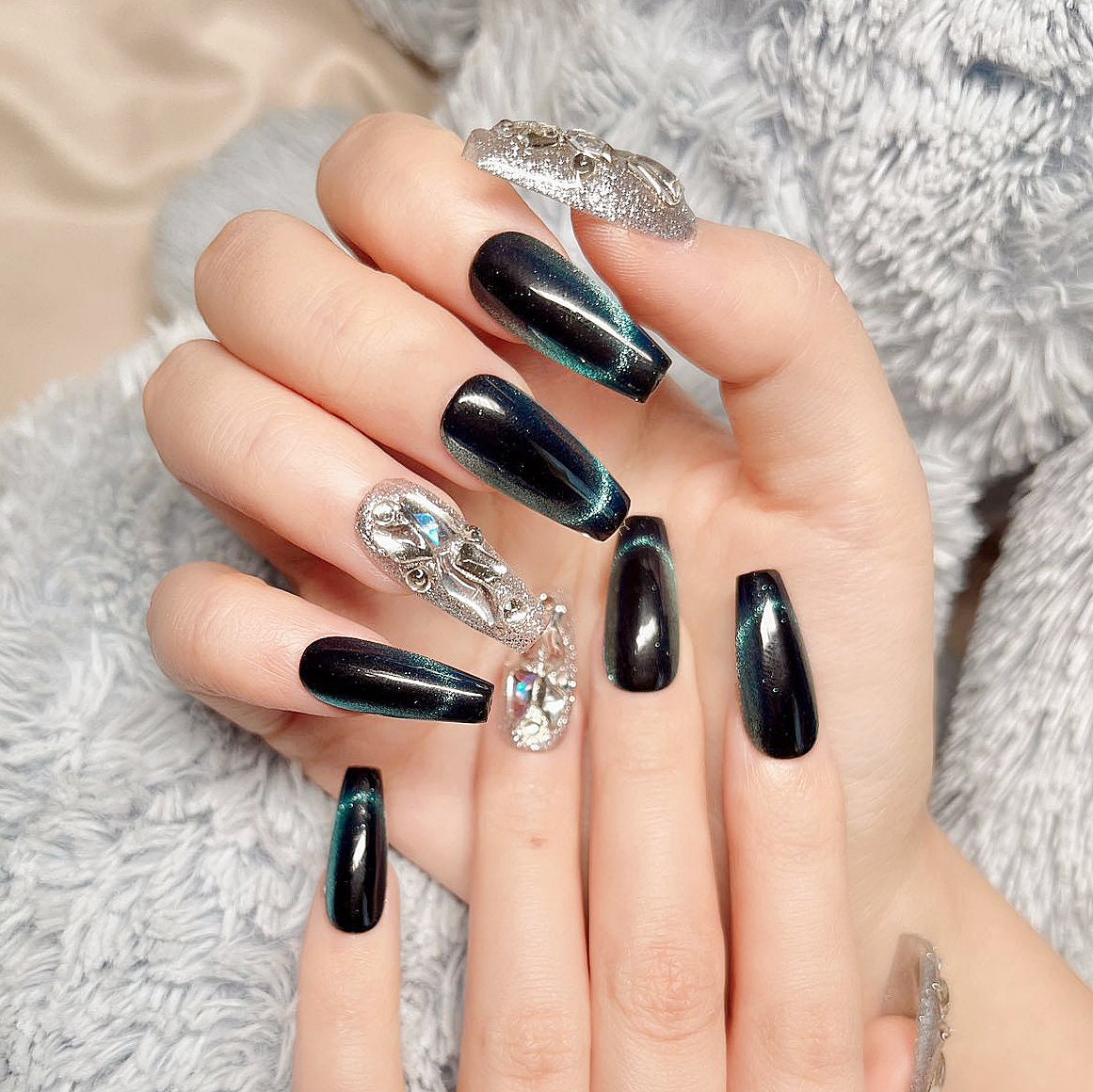 Deep Green Cat Eye Coffin Nails With Silver Embellishments Mystic Cat ...