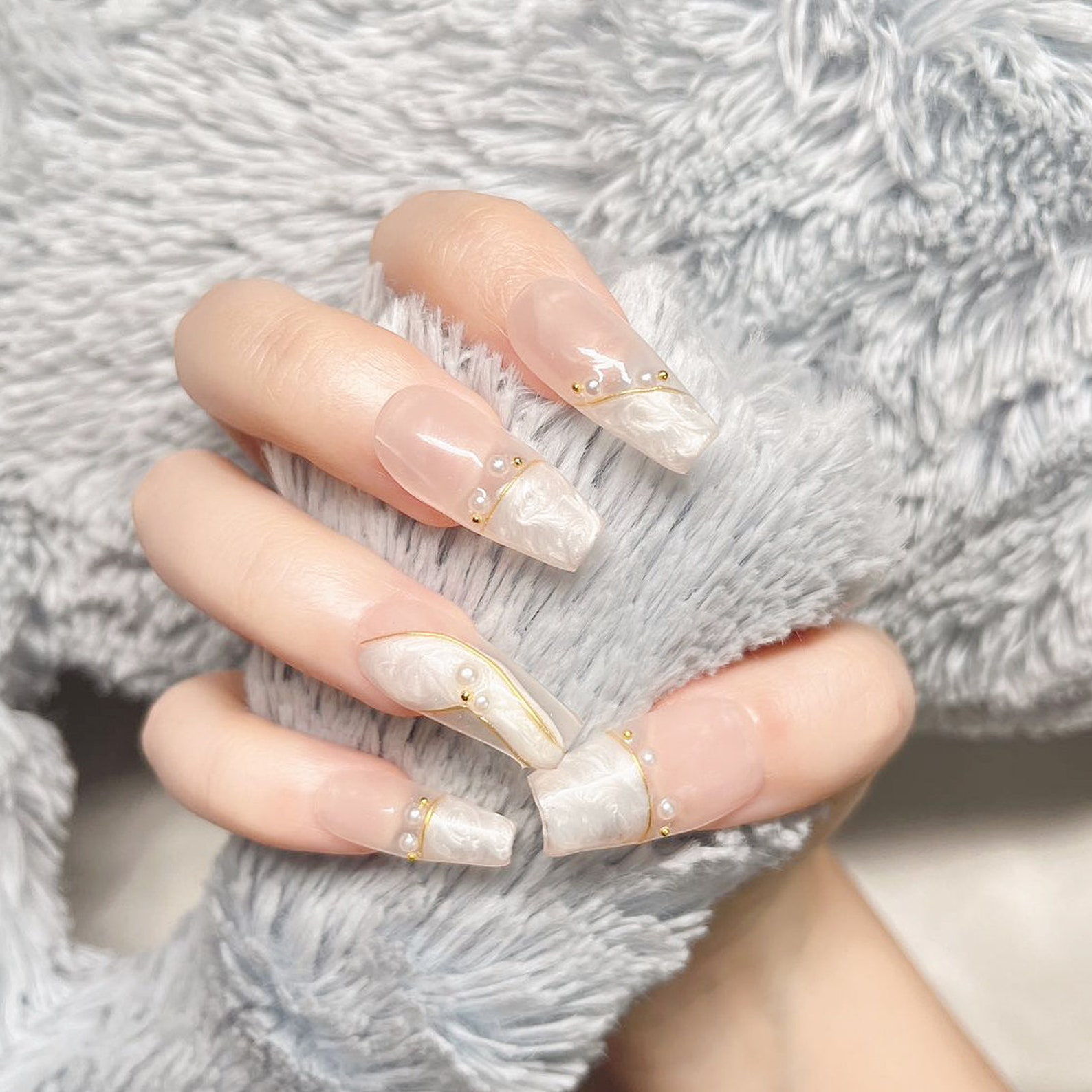 Pearl & Floral Coffin Press-on Nails Soft Pink Ballerina Nails With ...