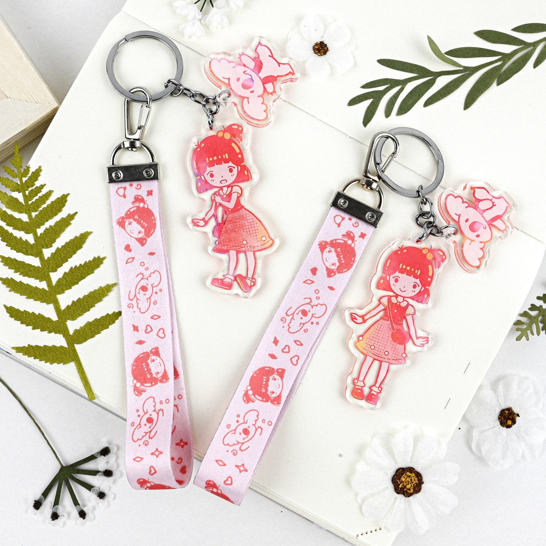 Lanyard Keychain Cute Girl Acrylic Charm Kawaii Keychain Lanyard Pink ...