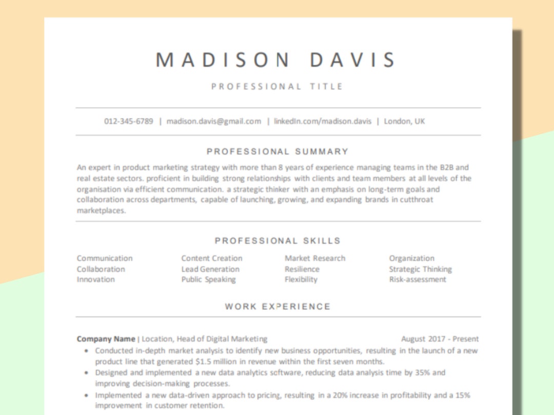 Plantilla de currículum ATS Word, Google Docs, plantilla de CV ATS ...