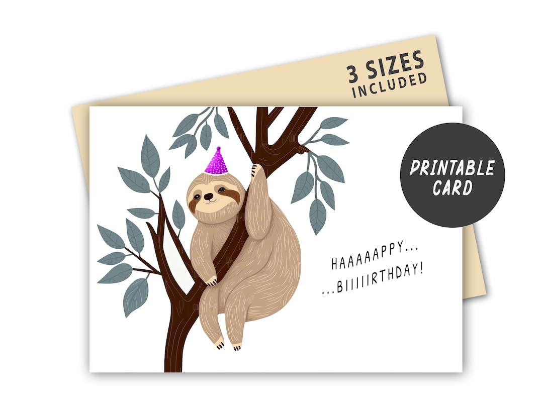 Printable Sloth Birthday Card, Instant Download, Digital Birthday Card ...