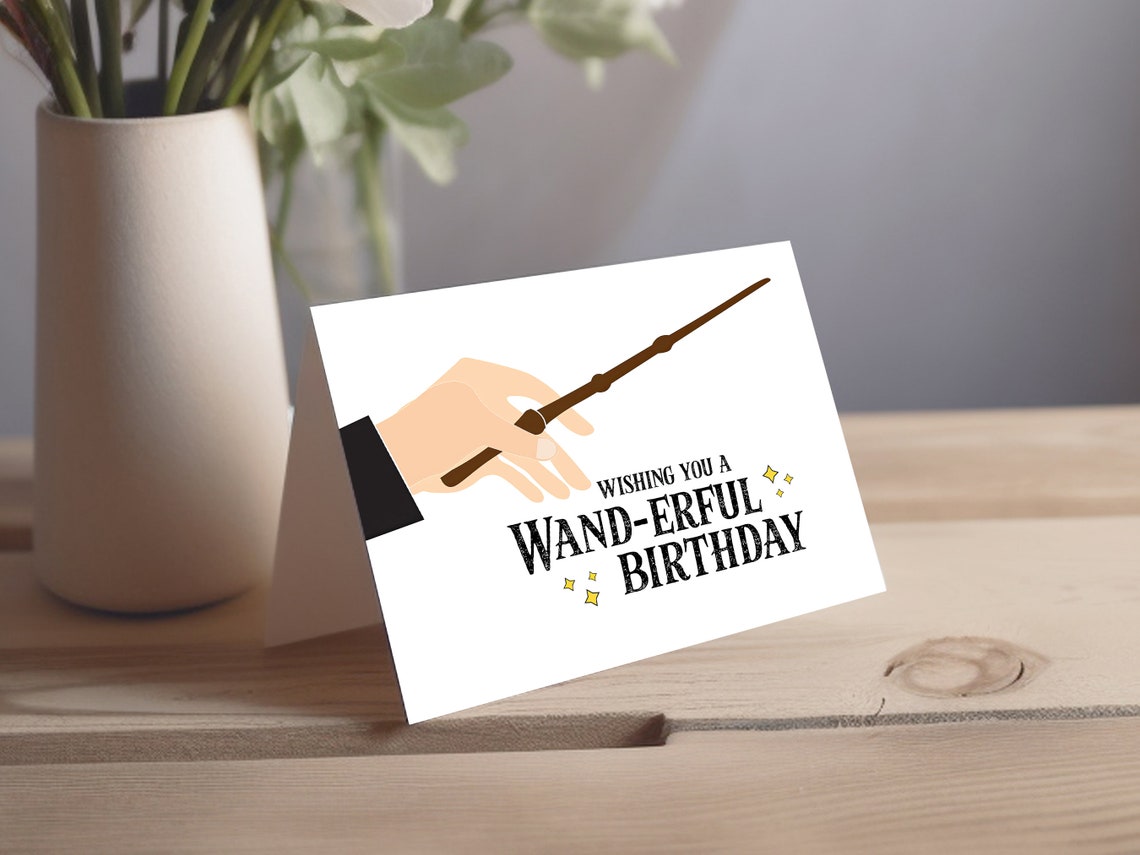 Printable Wizard Birthday Card, Punny Wand Card, Minimalist Design ...