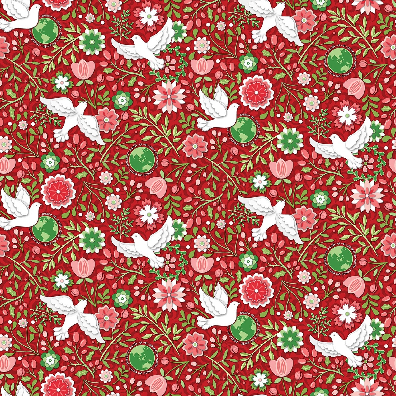 Peace on Earth Red Doves | Holiday Fabric | Contempo Fabrics Garnet ...