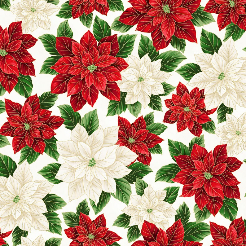 Christmas Splendor Natural Gold Poinsettias | Holiday Floral Fabric ...