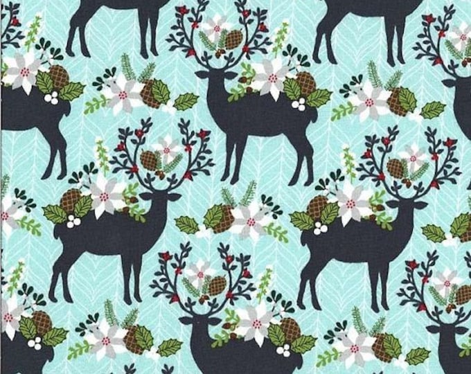 RARE: Rustique Winter Aqua Deer | Floral Deer Holiday Fabric | Michael ...