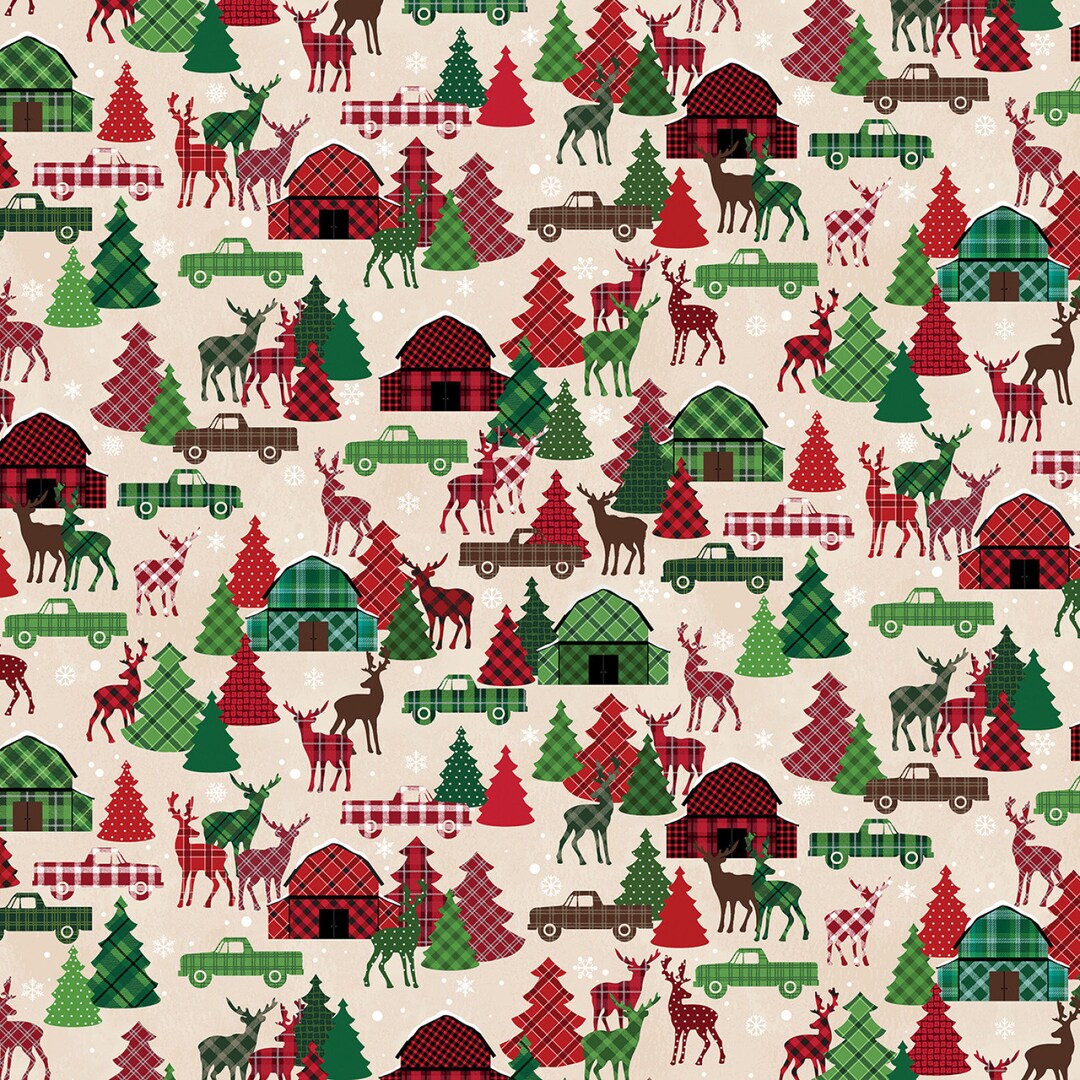 Holiday Farmhouse Plaid | Cream Farmhouse Scenic | Barn Deer Trucks ...