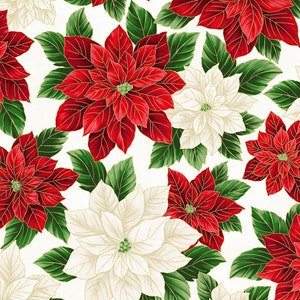 Christmas Splendor Natural Gold Poinsettias | Holiday Floral Fabric ...