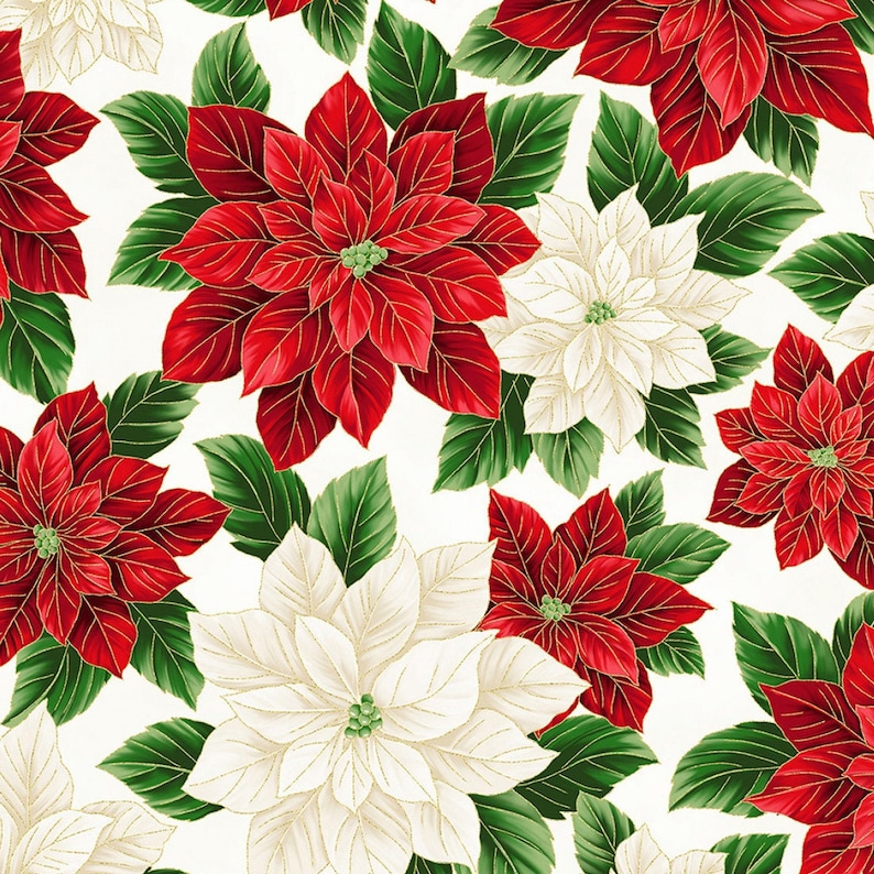 Christmas Splendor Natural Gold Poinsettias | Holiday Floral Fabric ...