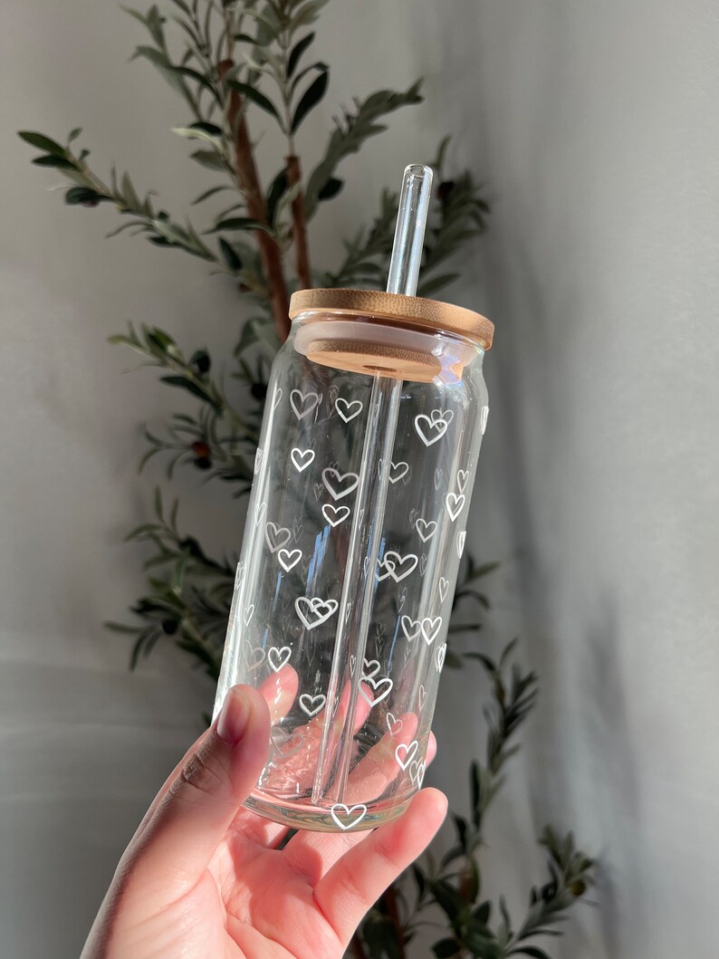 Heart Glass Cup Set, Libbey Glasses, Glass Straw, Bamboo Lids, Gift for ...