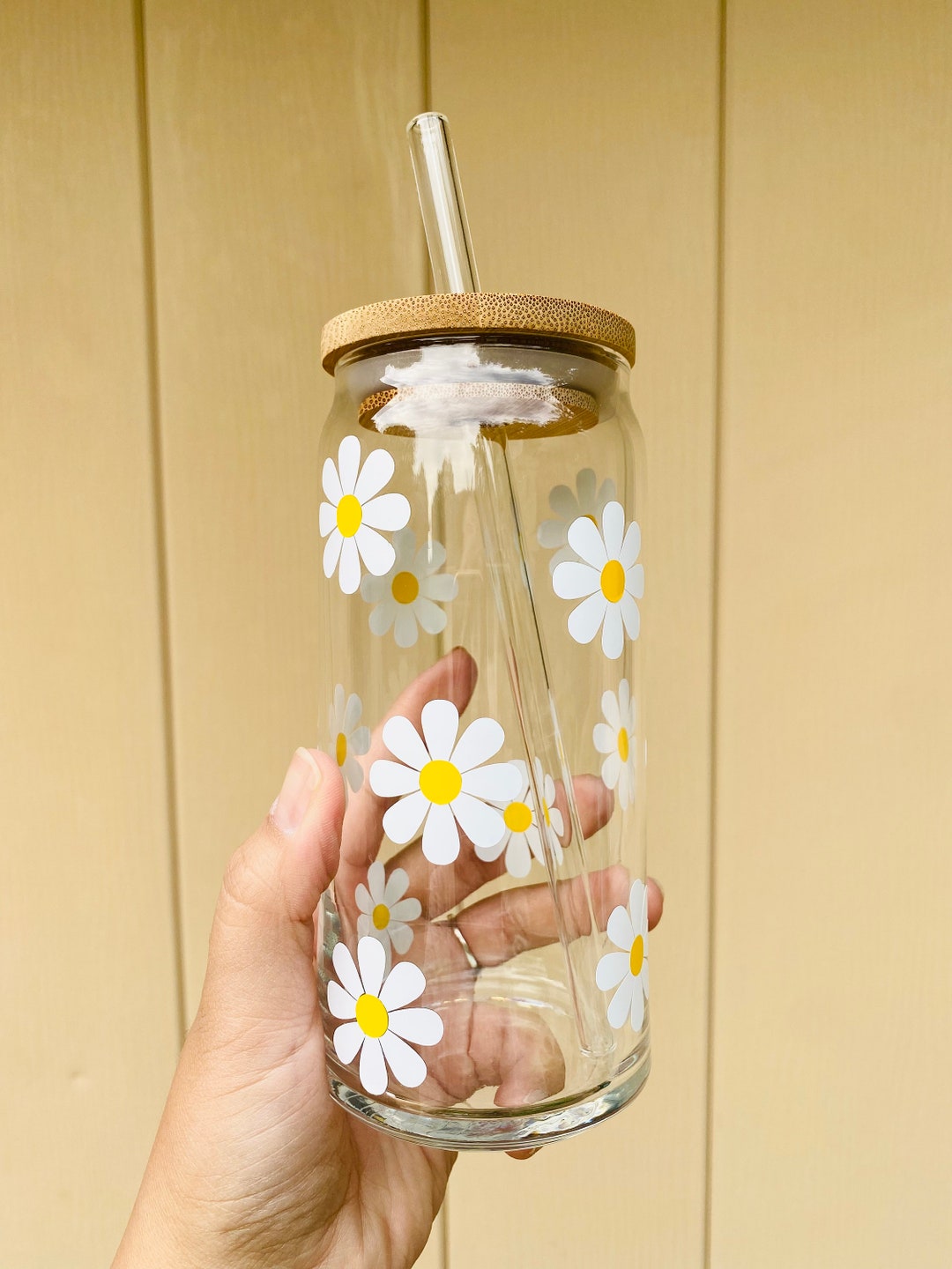 Daisy 20oz Glass Libbey Cup With Bamboo Lid and Glass Straw, Gift for ...