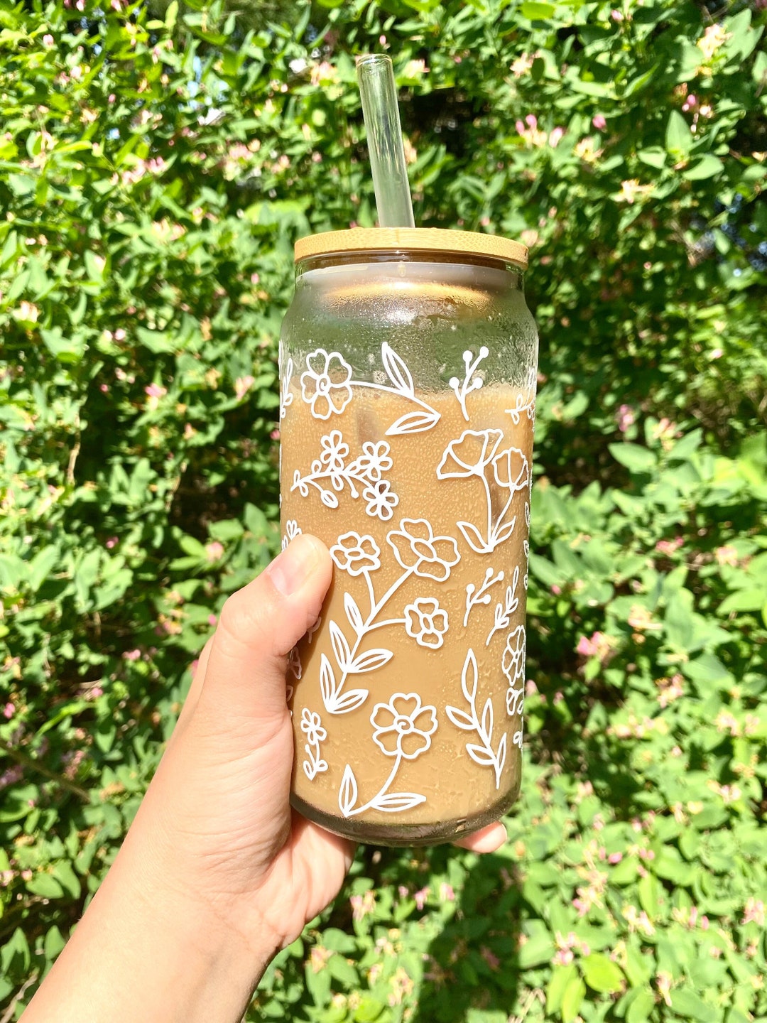 20oz Floral Glass Libbey Cup With Bamboo Lid and Glass Straw ...