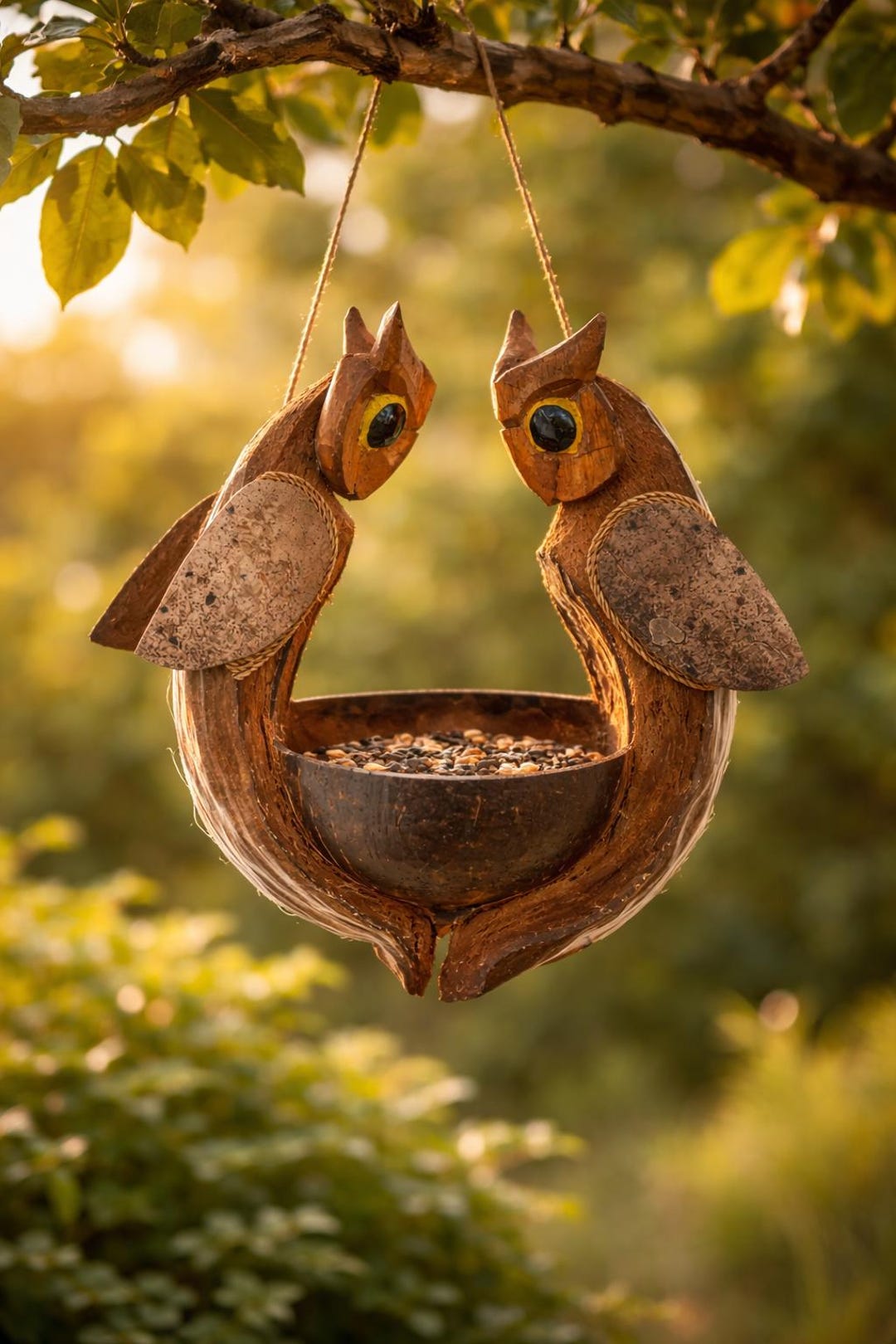 Husband and Wife Double Bird Coconut Feeder Hanging Rustic Seed Bowl ...